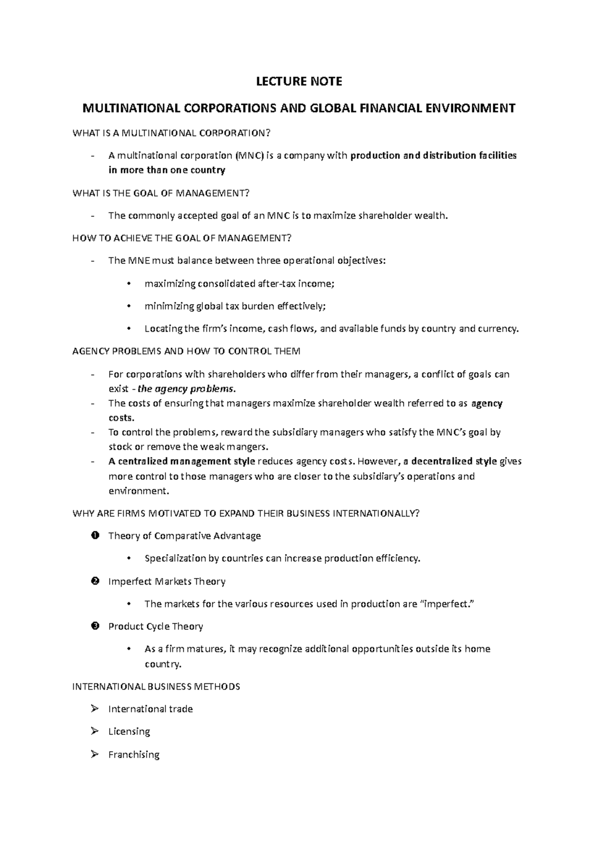 Lecture NOTE 1 Chapter 1 - LECTURE NOTE MULTINATIONAL CORPORATIONS AND ...