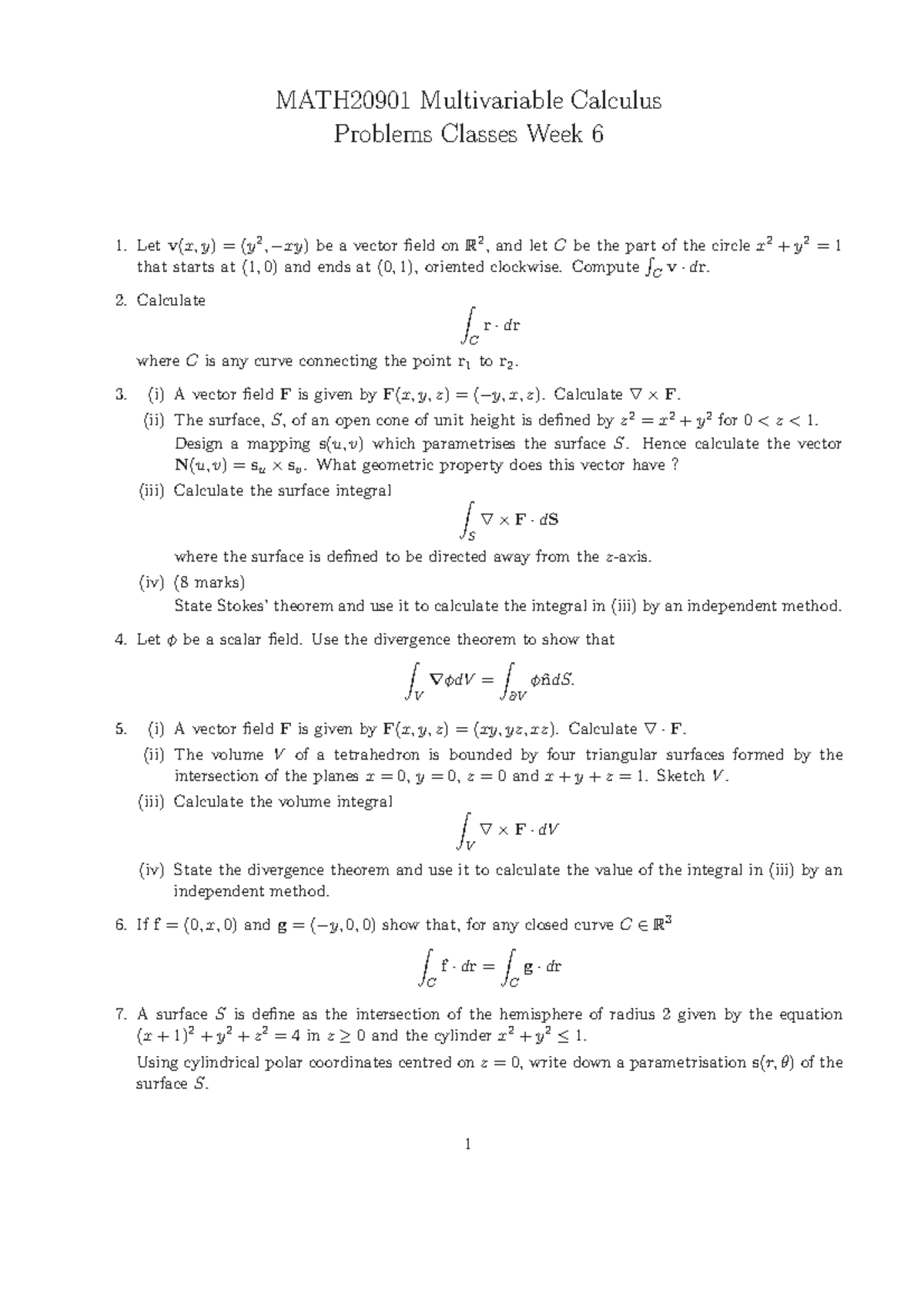 MATH2091 2016-2017 Problem Class - Week 6 - MATH20901 Multivariable ...