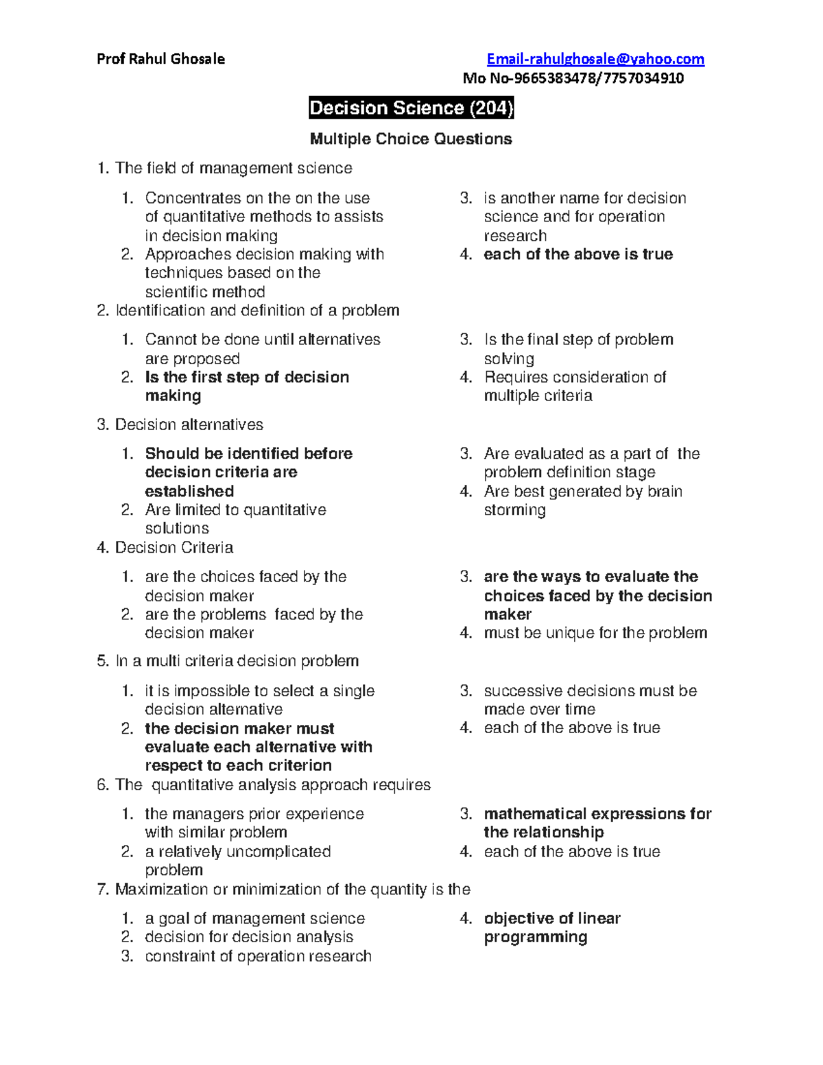 DS 1 - Mo No-9665383478/ Decision Science (204) Multiple Choice ...