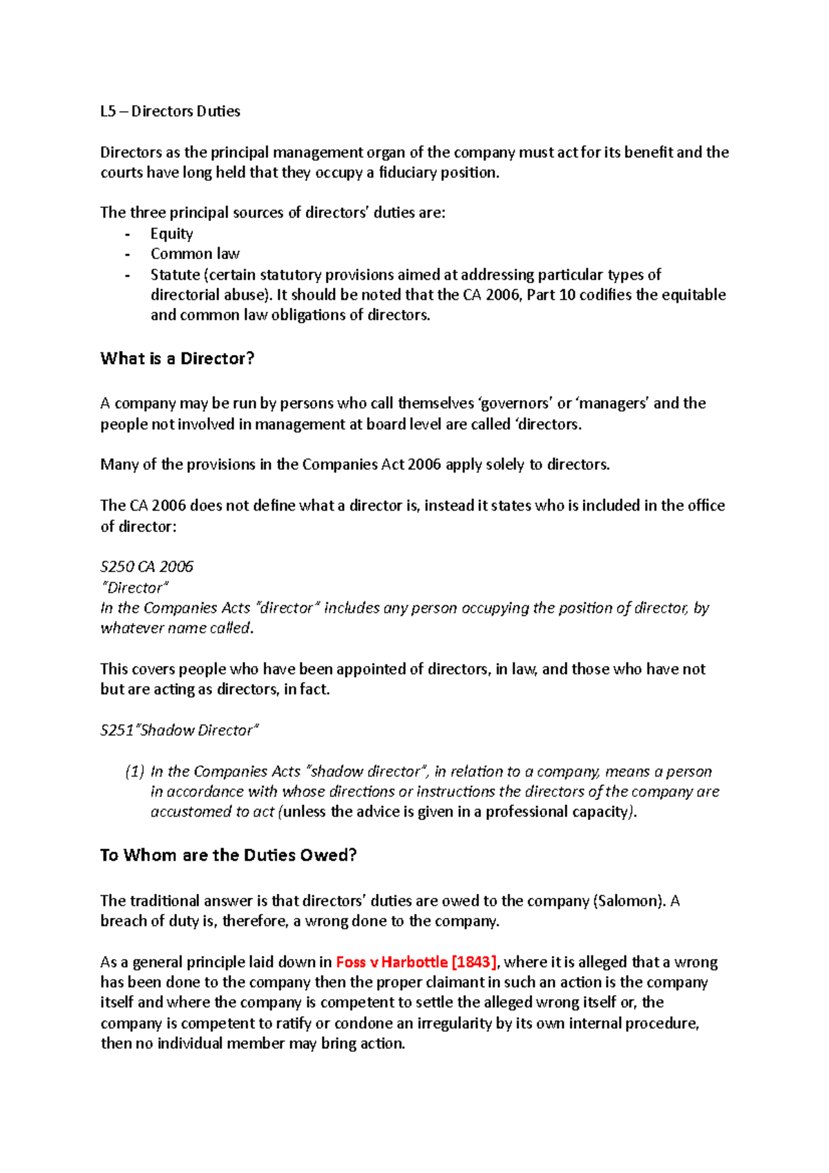 L5 Directors Duties Notes - L5 – Directors Duties Directors as the ...