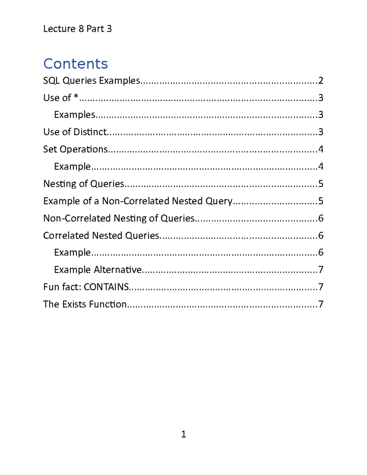 DB Lecture 8 Part 3 - Contents SQL Queries - Studocu