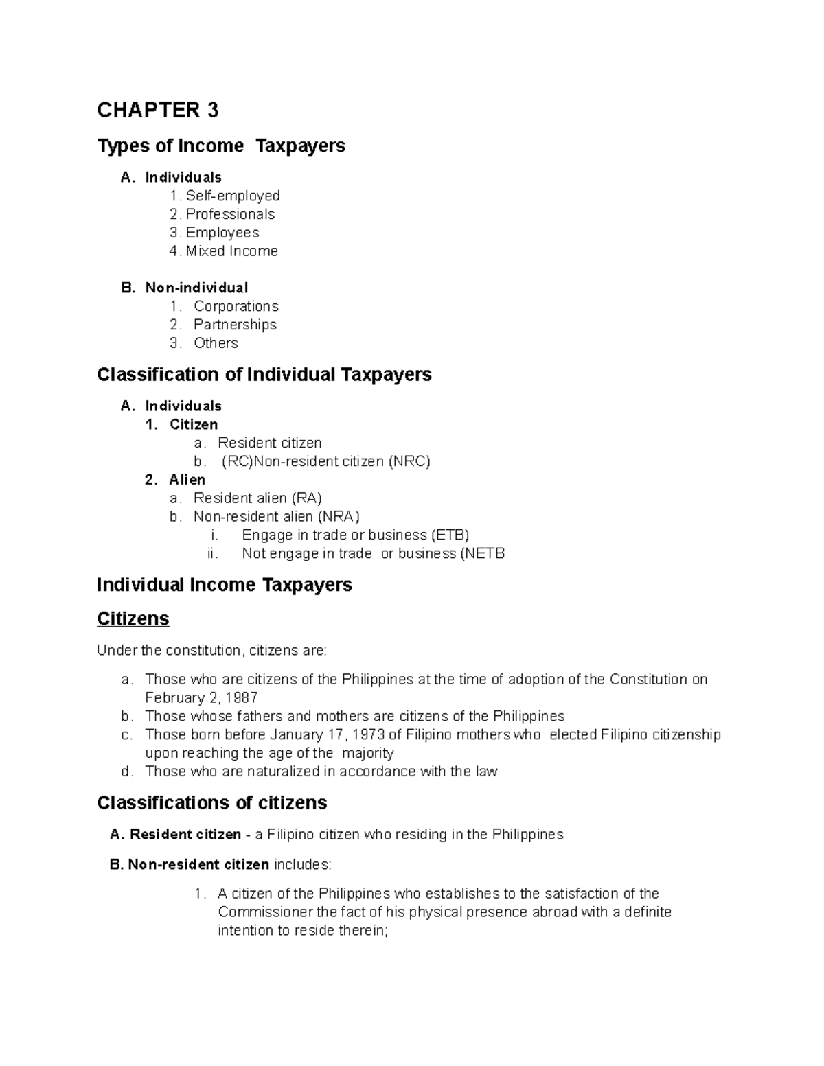 Chapter 3 - chap 3 tax - CHAPTER 3 Types of Income Taxpayers A ...