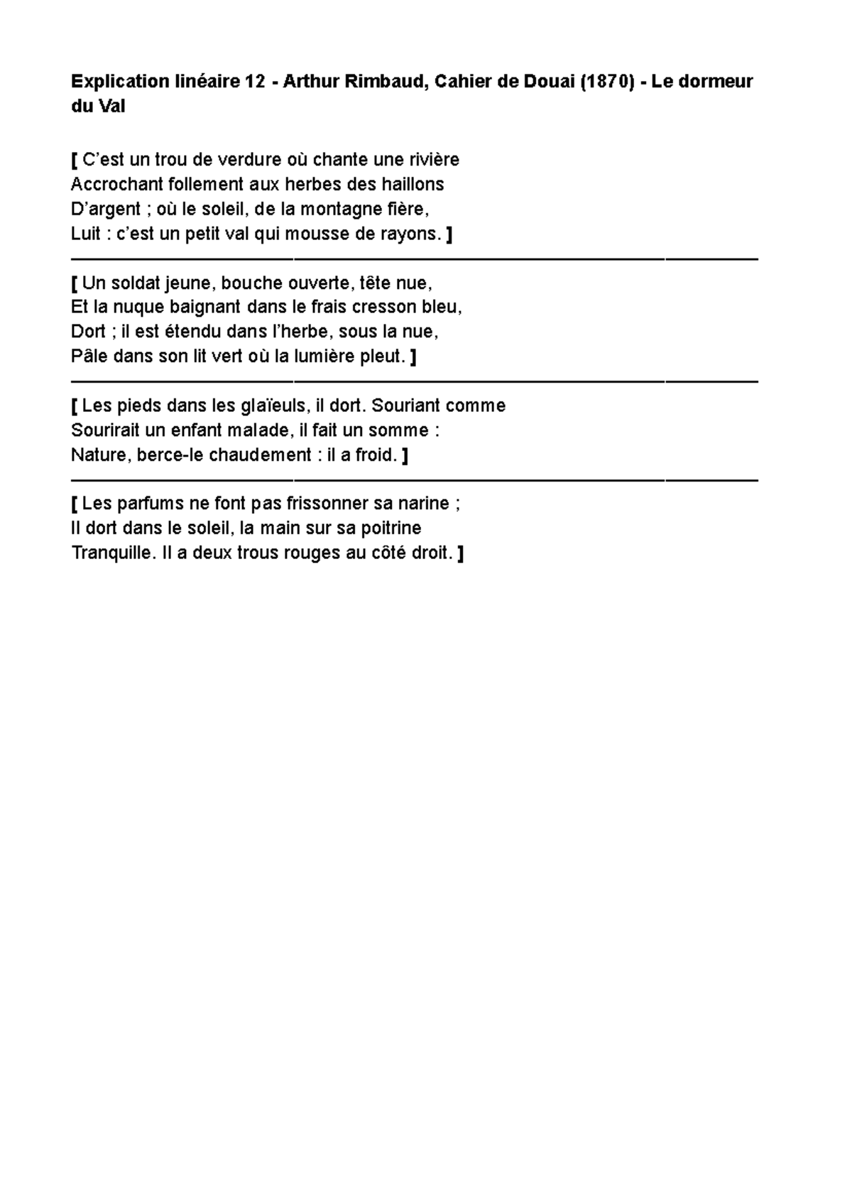 Explication linéaire - Oral - Arthur Rimbaud, Cahier de Douai (1870 ...