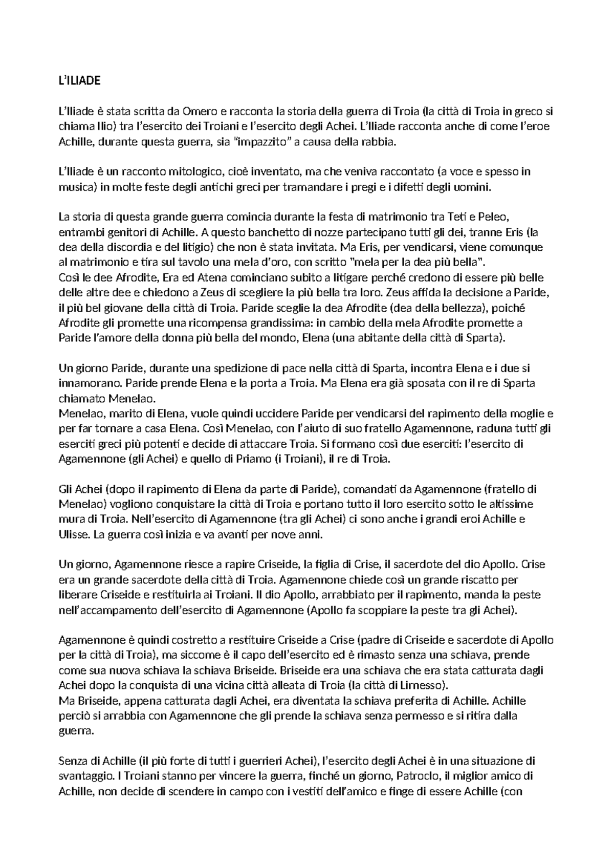 Iliade Riassunto breve in DOCX - L’ILIADE L’Iliade è stata scritta da ...
