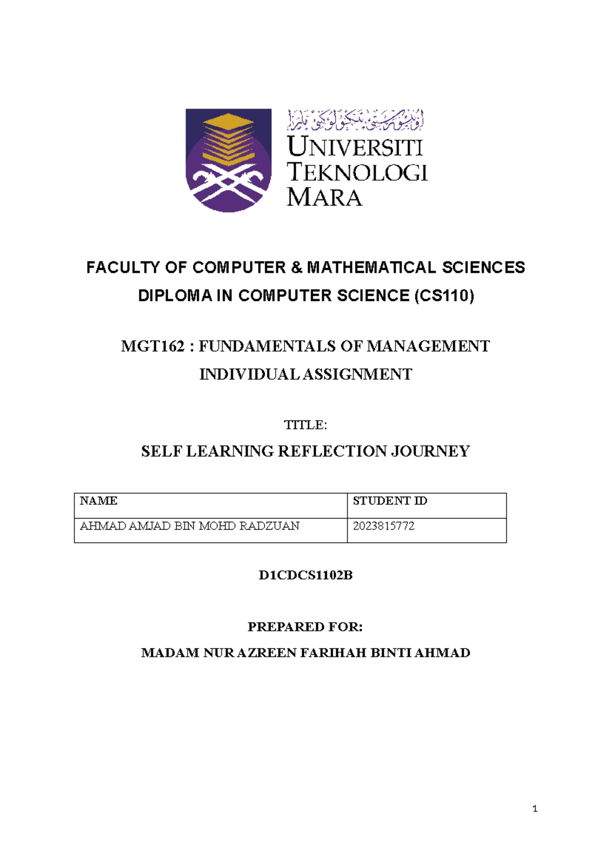 MGT162 individual - selamat... - FACULTY OF COMPUTER & MATHEMATICAL ...