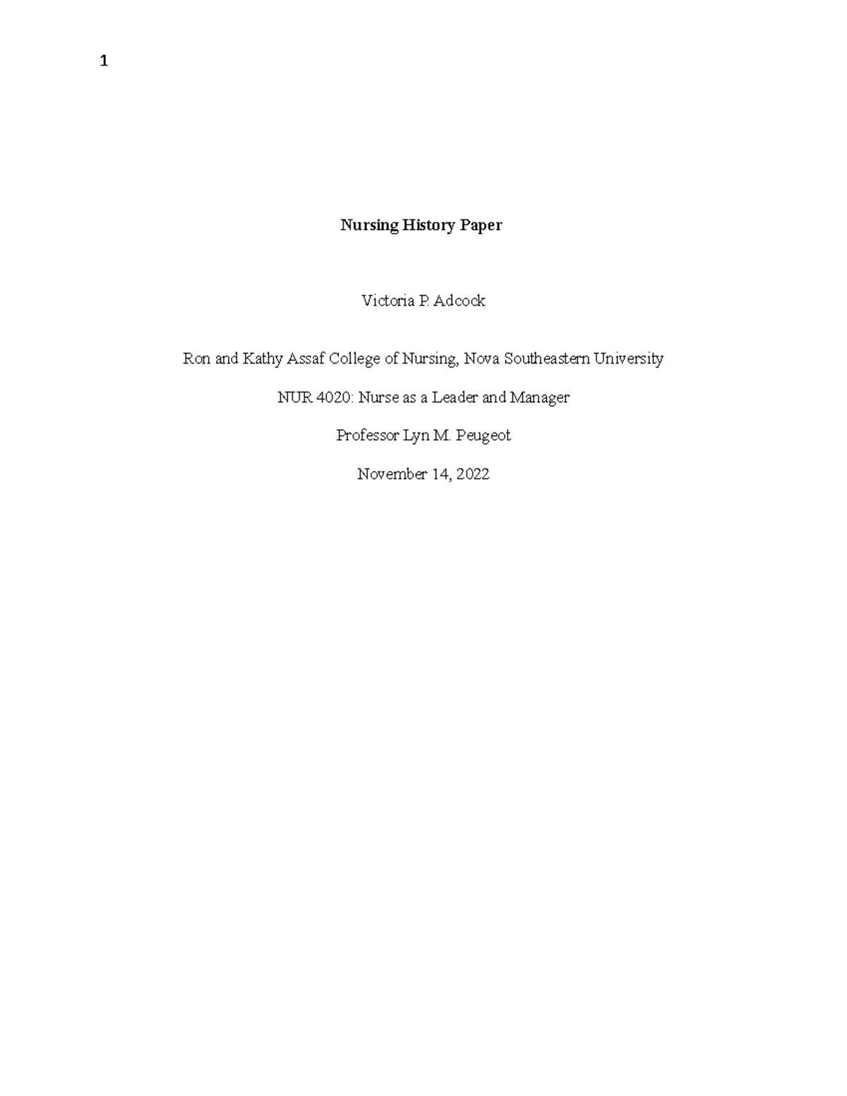 Nursing History Paper - Nursing History Paper Victoria P. Adcock Ron ...