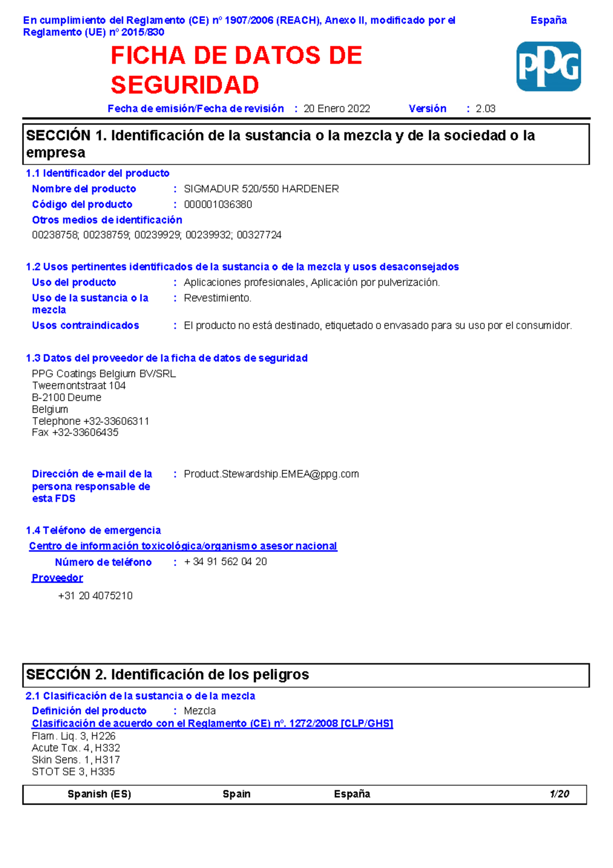 Hoja de seguridad sigmadur 520 550 hardener - SIGMADUR 520/550 HARDENER ...