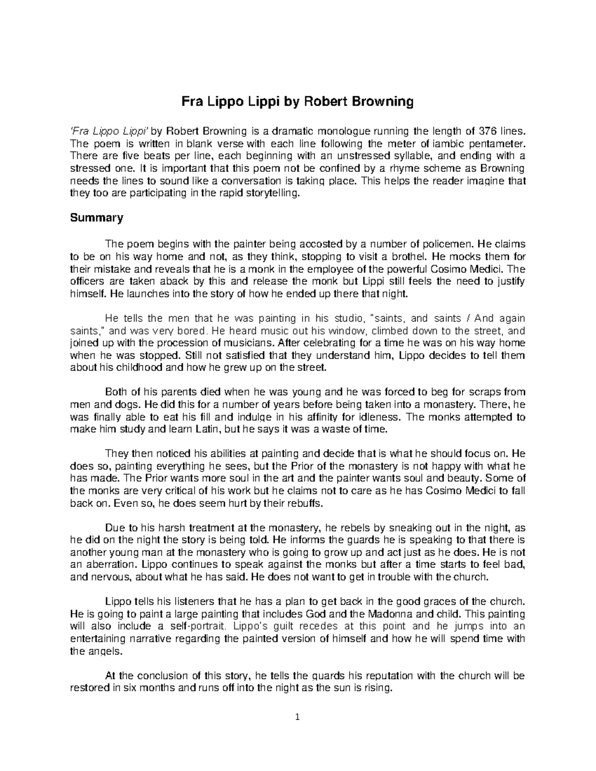 Fra Lippo Lippi by Robert Browning - The poem is written in blank verse ...