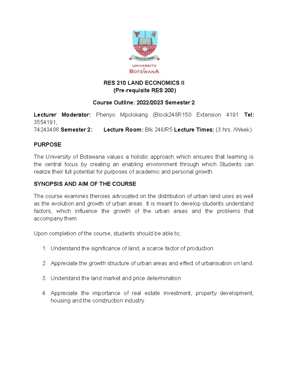 2023 RES 210 DAP Land Economics Course Outline-1 - RES 210 LAND ...