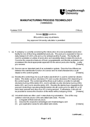 Exam 2016, questions - Page 1 of 2 /continued MANUFACTURING PROCESS ...