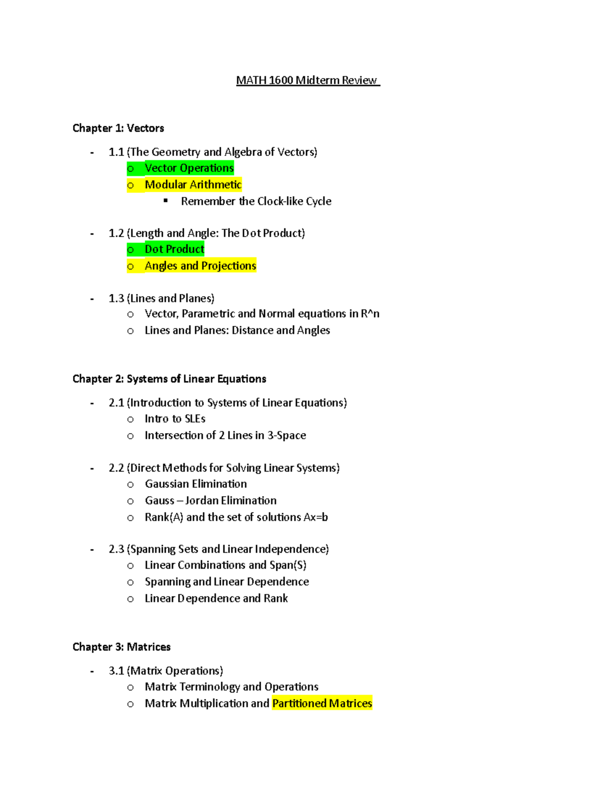 MATH 1600 Midterm Review - MATH 1600 Midterm Review Chapter 1: Vectors ...