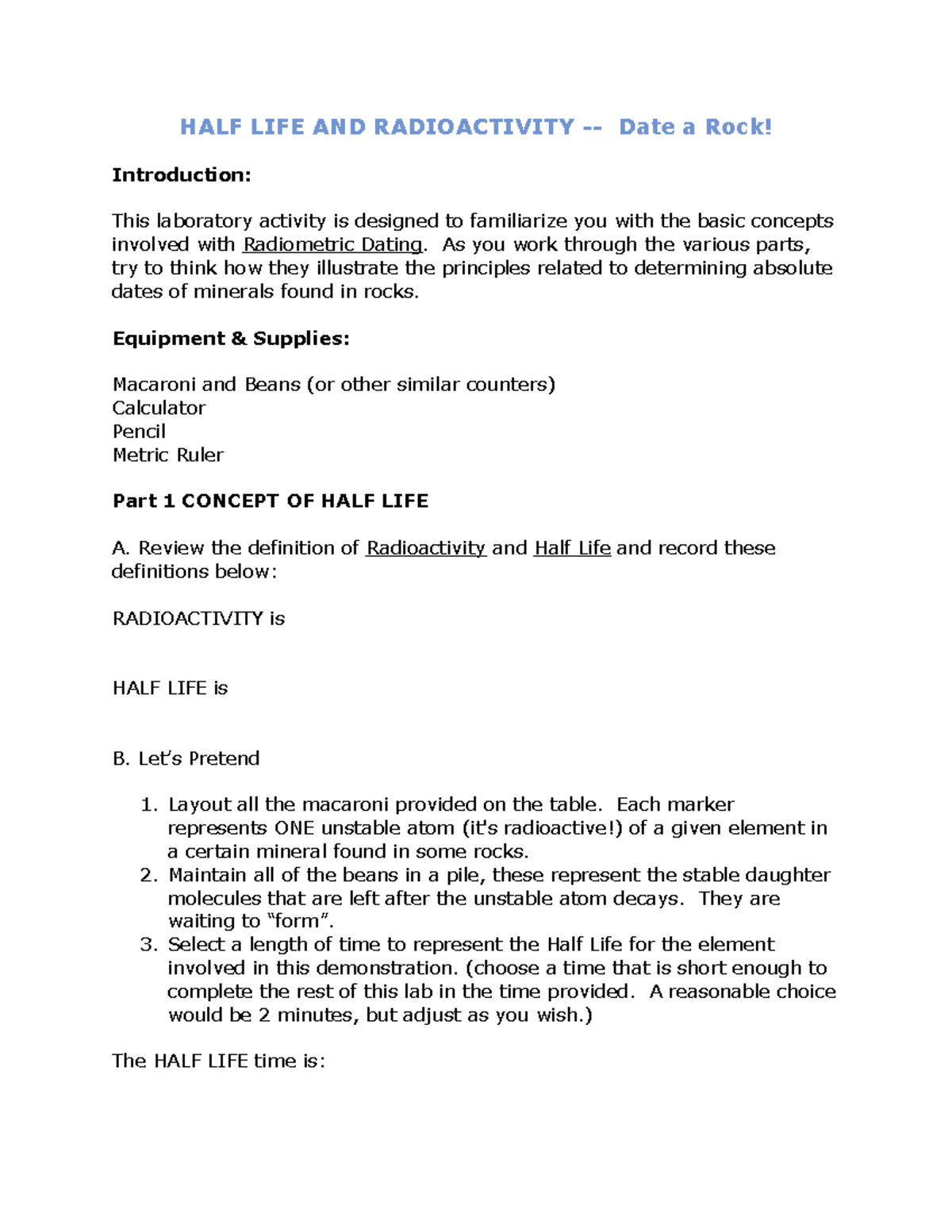 Half Life and Radioactivity Dating a Rock 3 - HALF LIFE AND ...