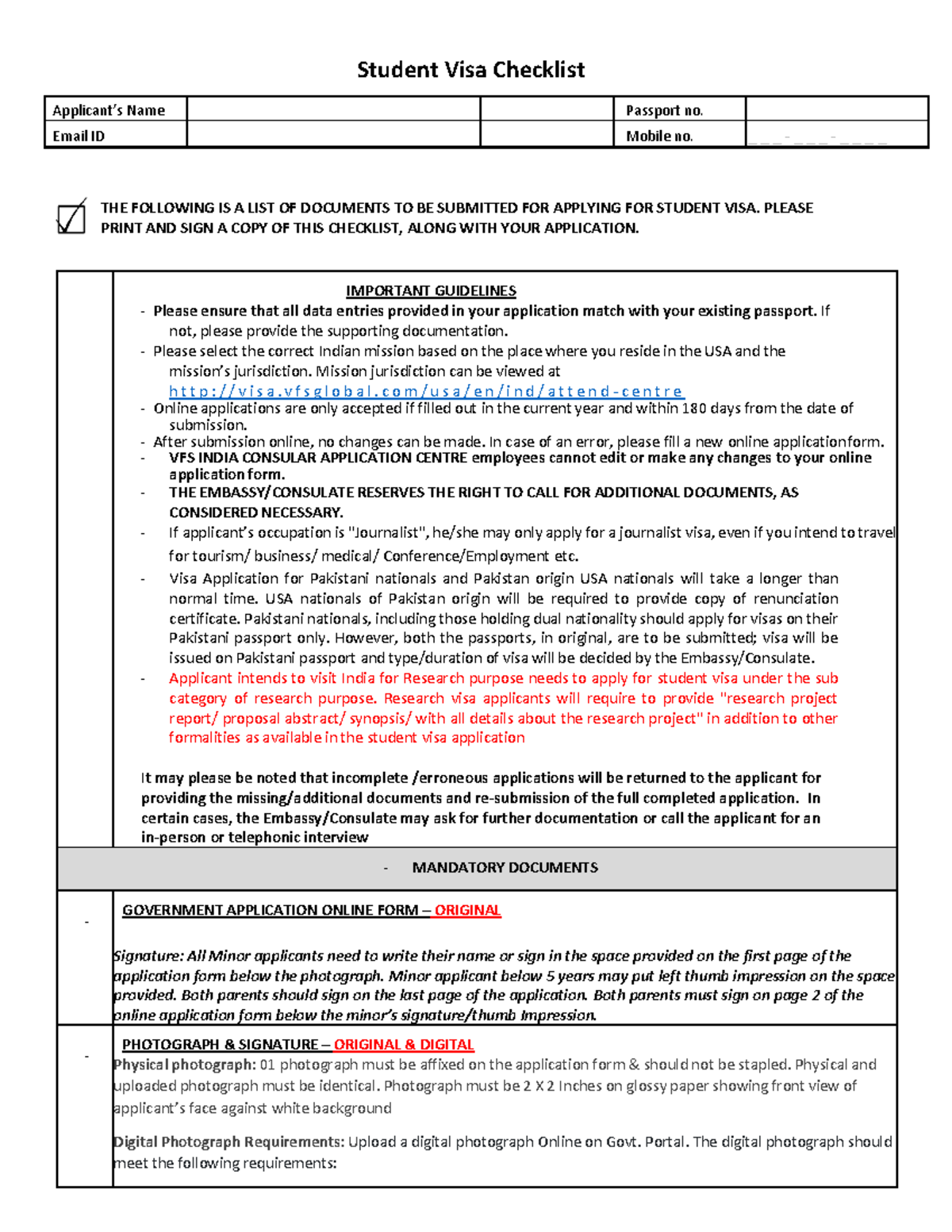 Student visa checklist updated - Applicant’s Name Passport no. Email ID ...
