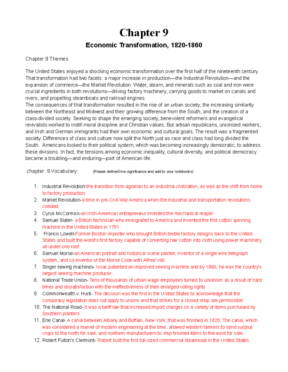 Copy of Chapter 9 2020 HW - Chapter 9 Economic Transformation, 1820 ...