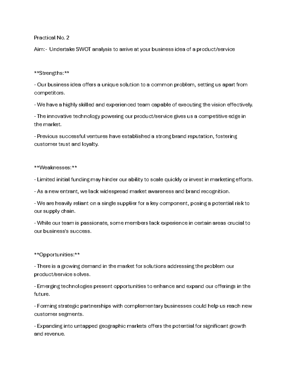 EDE Document - Ede practicals - Practical No. 2 Aim:- Undertake SWOT analysis to arrive at your ...