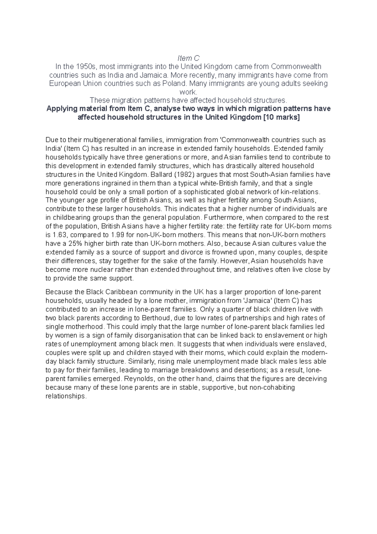 Item C 10 mark essay - Item C In the 1950s, most immigrants into the ...