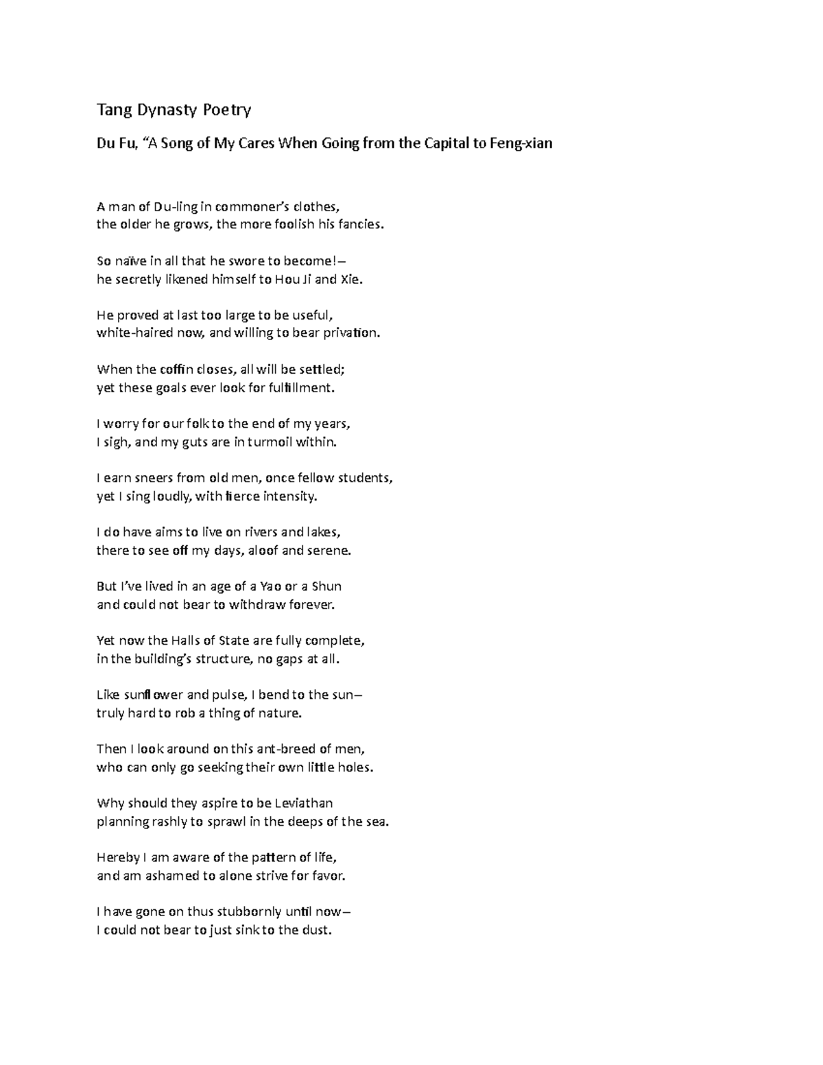 Du Fu Song My Cares - Tang Dynasty Poetry Du Fu, “A Song of My Cares ...