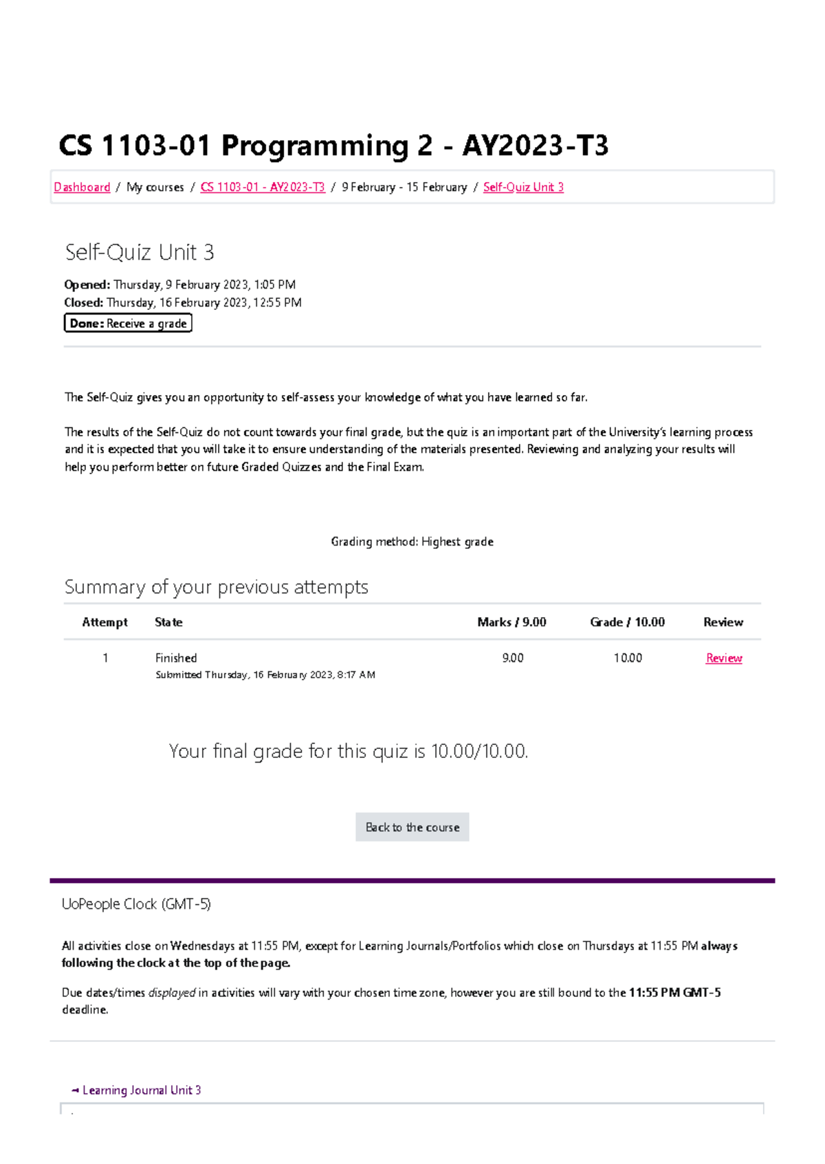 CS 1103-01 - AY2023-T3 Self-Quiz Unit 3 - CS 1103-01 Programming 2 - AY2023-T Self-Quiz Unit 3 ...