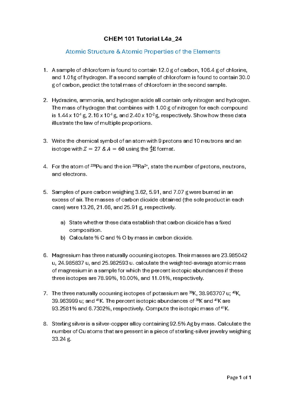 CHEM 101 Tutorial L4a 24 Lefa Bradley - Page 1 of 1 CHEM 101 Tutorial L4a_ Atomic Structure ...