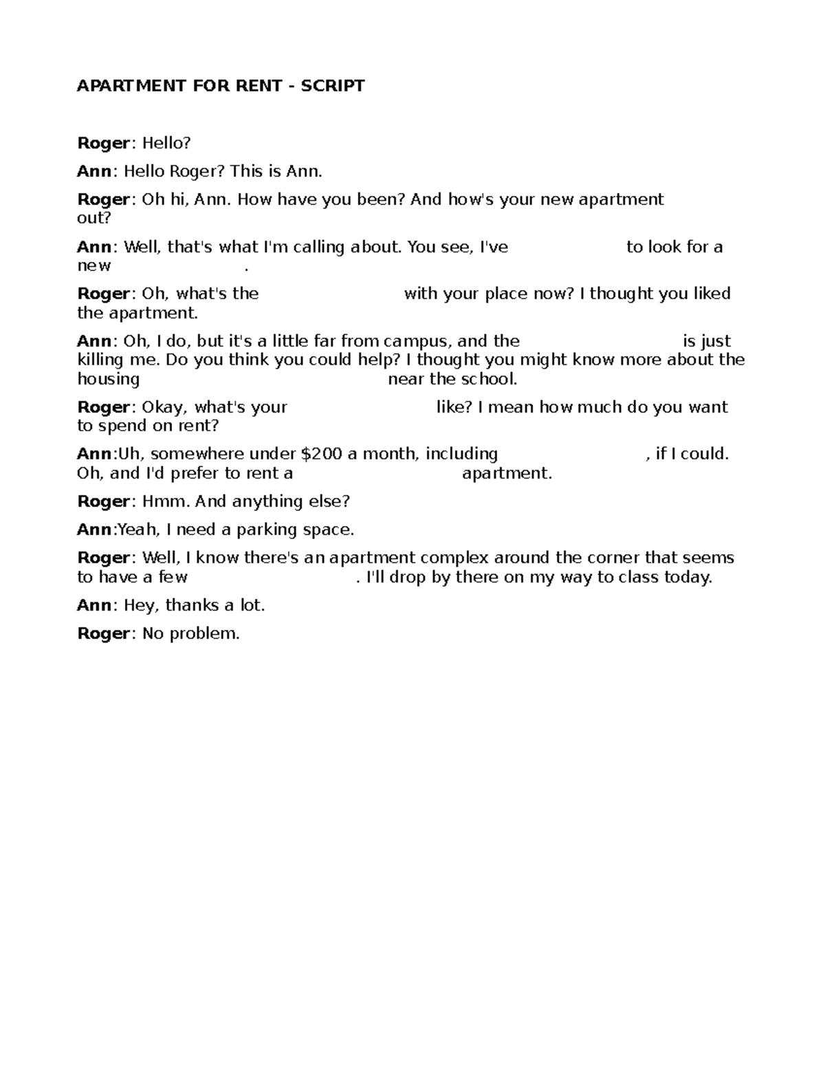 Randall's ACT - study - APARTMENT FOR RENT - SCRIPT Roger: Hello? Ann ...