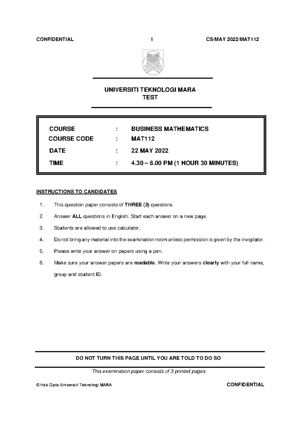 Question TEST MAT112 (MAY 2022) - CONFIDENTIAL 1 CS/MAY 2022 /MAT 112 ...