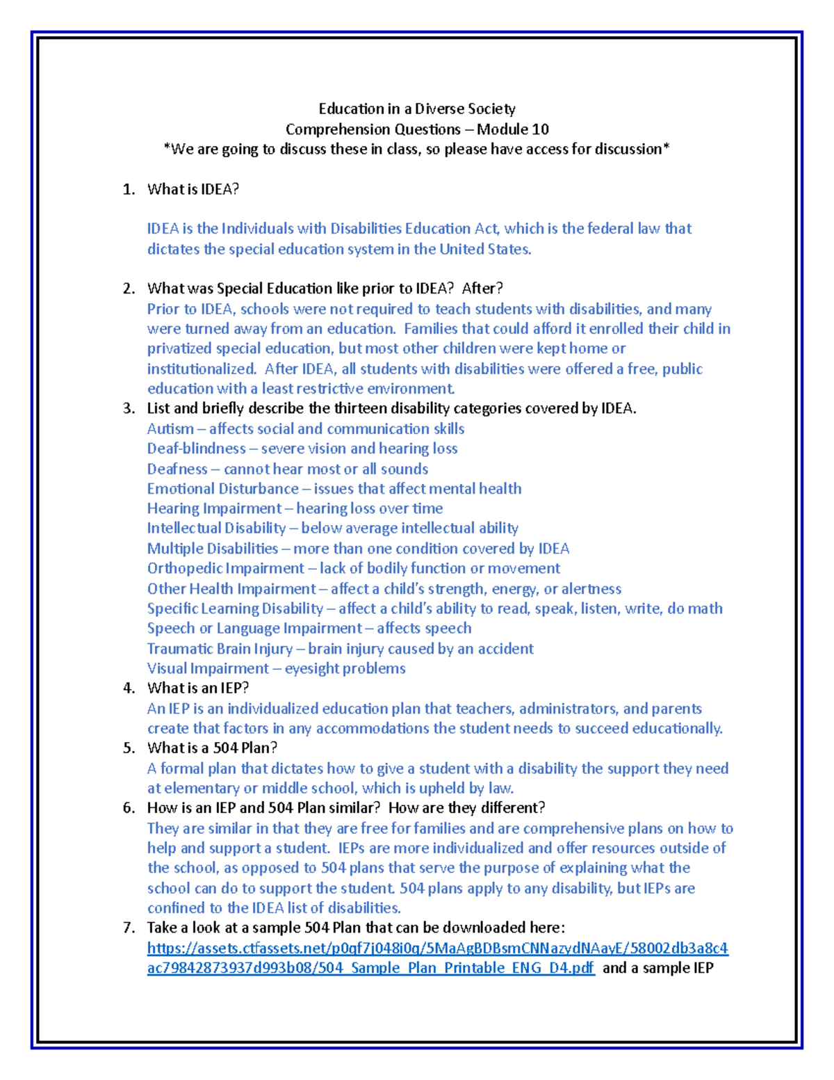 EDLA2000 Comprehension Questions Module 10-1 - Education in a Diverse ...