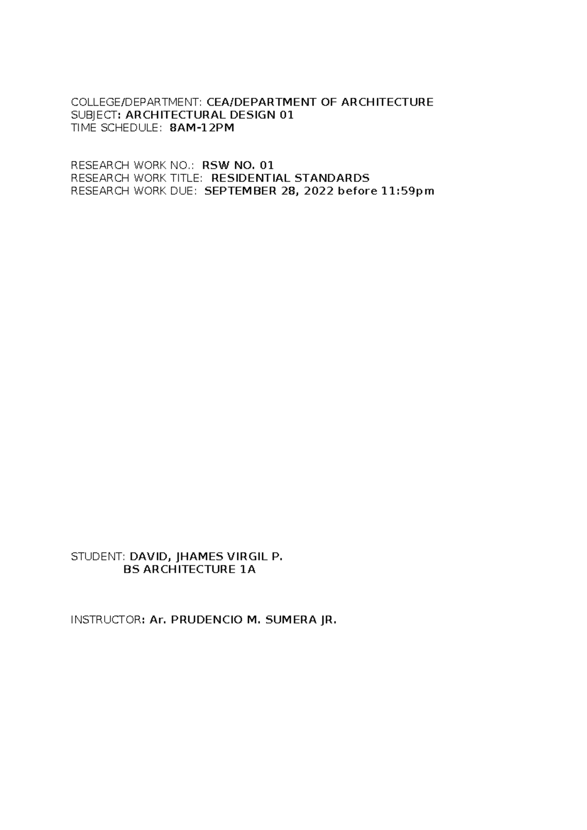 Residential Standards - COLLEGE/DEPARTMENT: CEA/DEPARTMENT OF ...