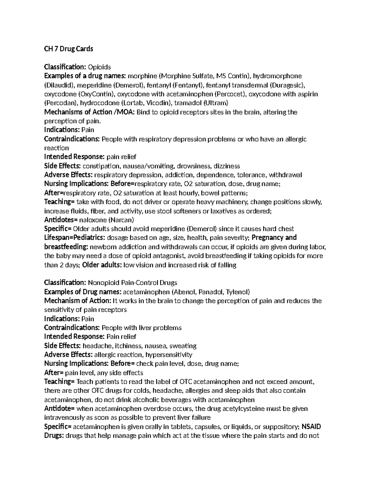 DRUG Cards - CH 7 Drug Cards Classification: Opioids Examples of a drug ...