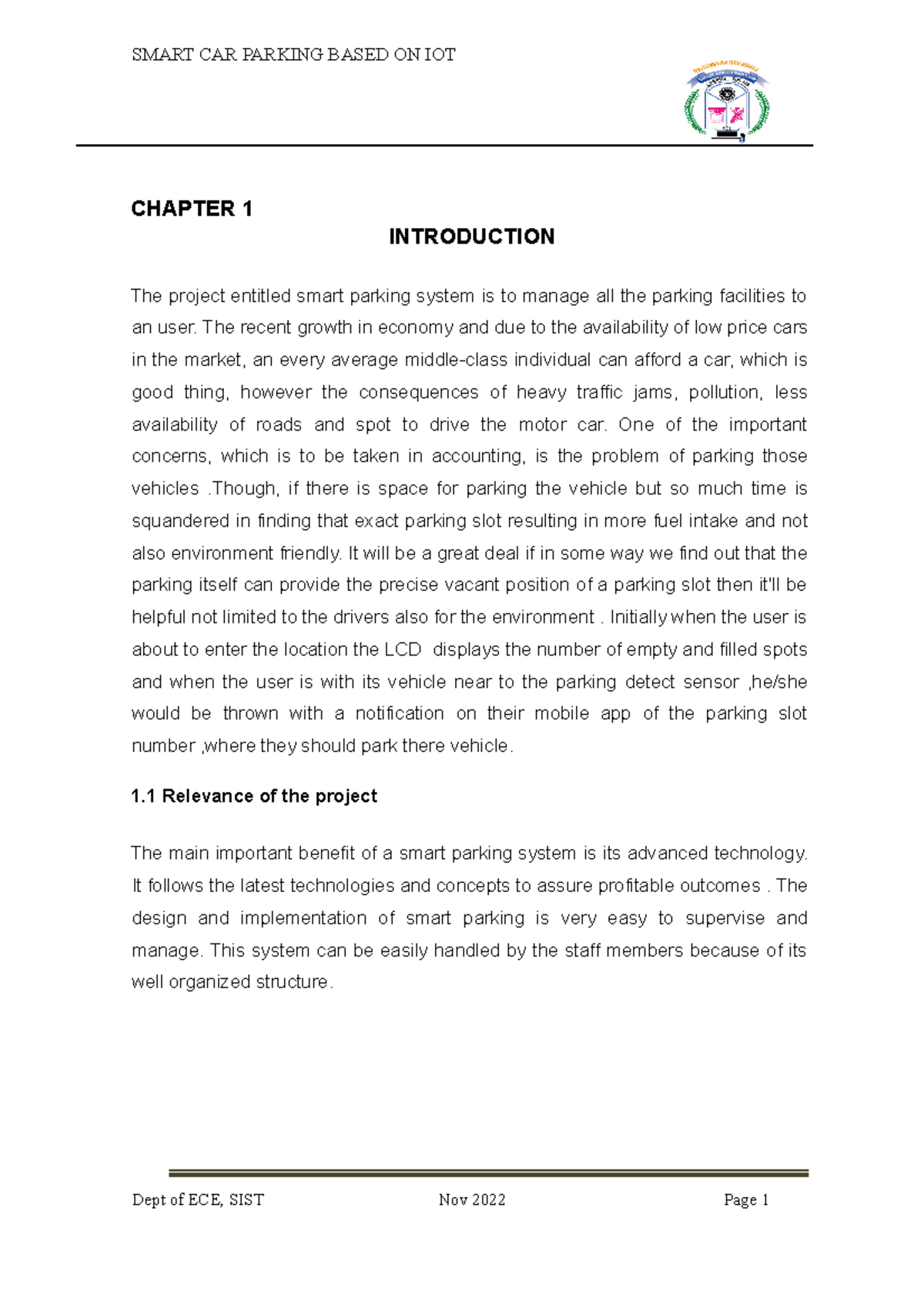 Smart Parking System - CHAPTER 1 INTRODUCTION The project entitled ...