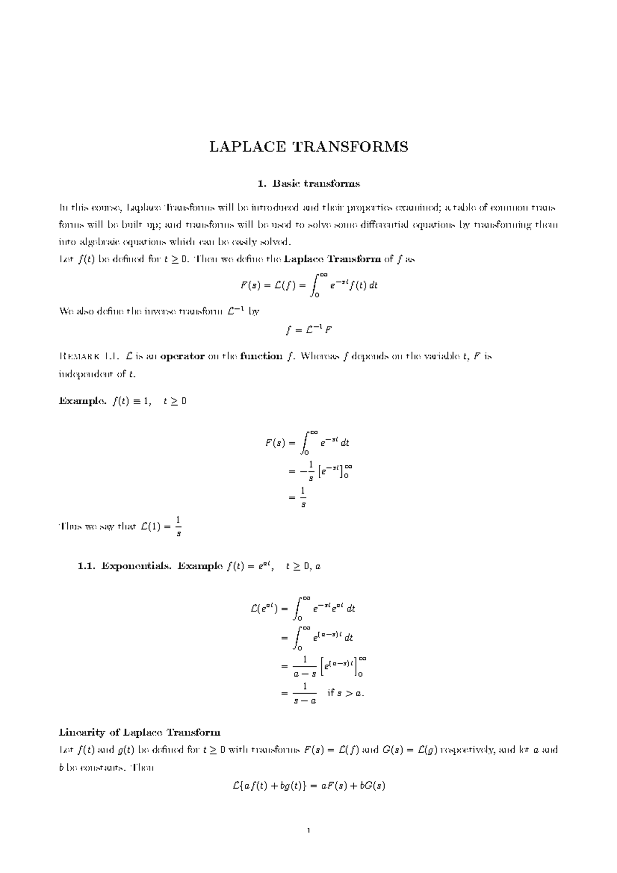 Ltnotes 07 - Notes - LAPLACETRANSFORMS Basic transforms In this course ...