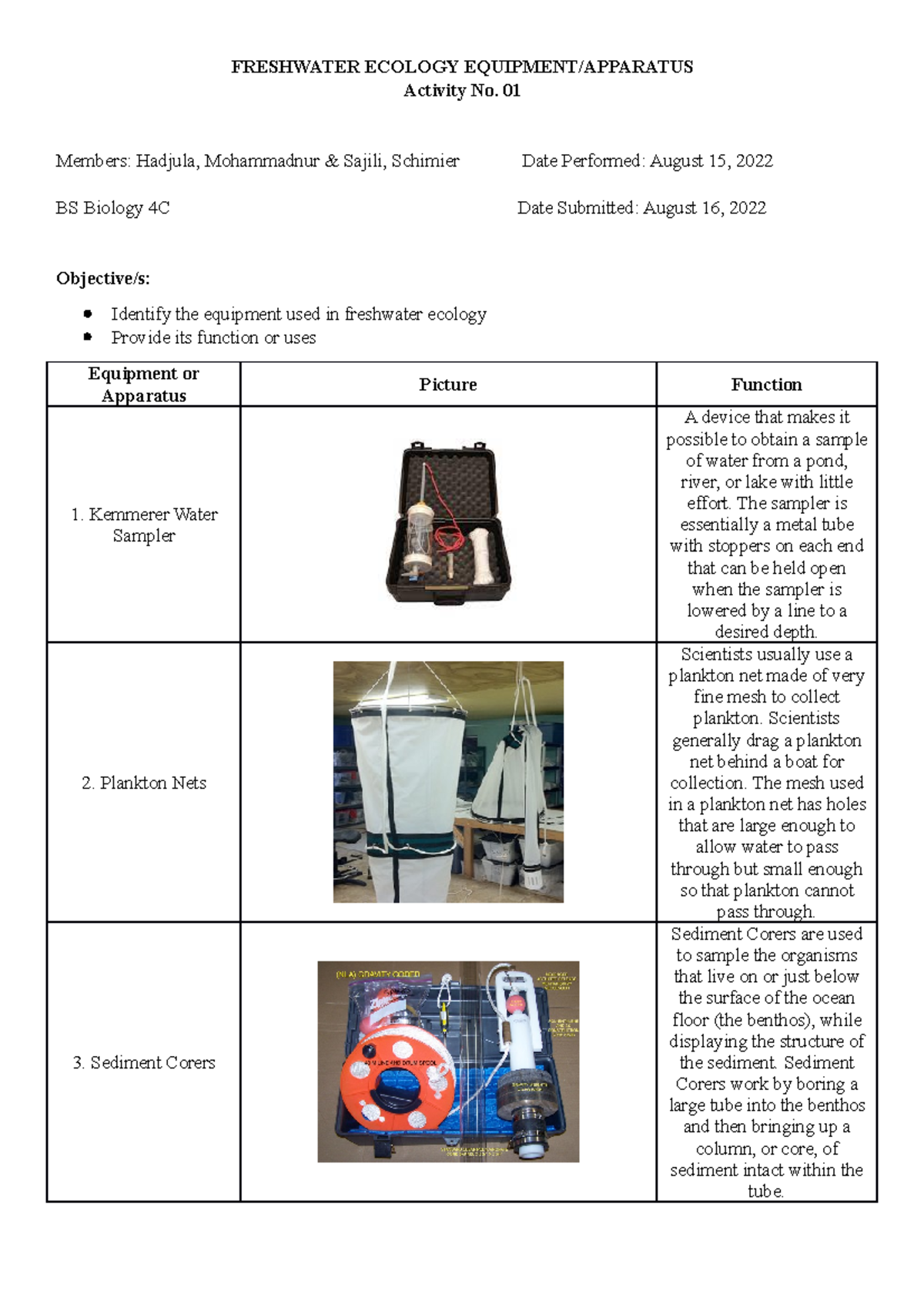 Activity 1 Freshwater Equipment - FRESHWATER ECOLOGY EQUIPMENT ...