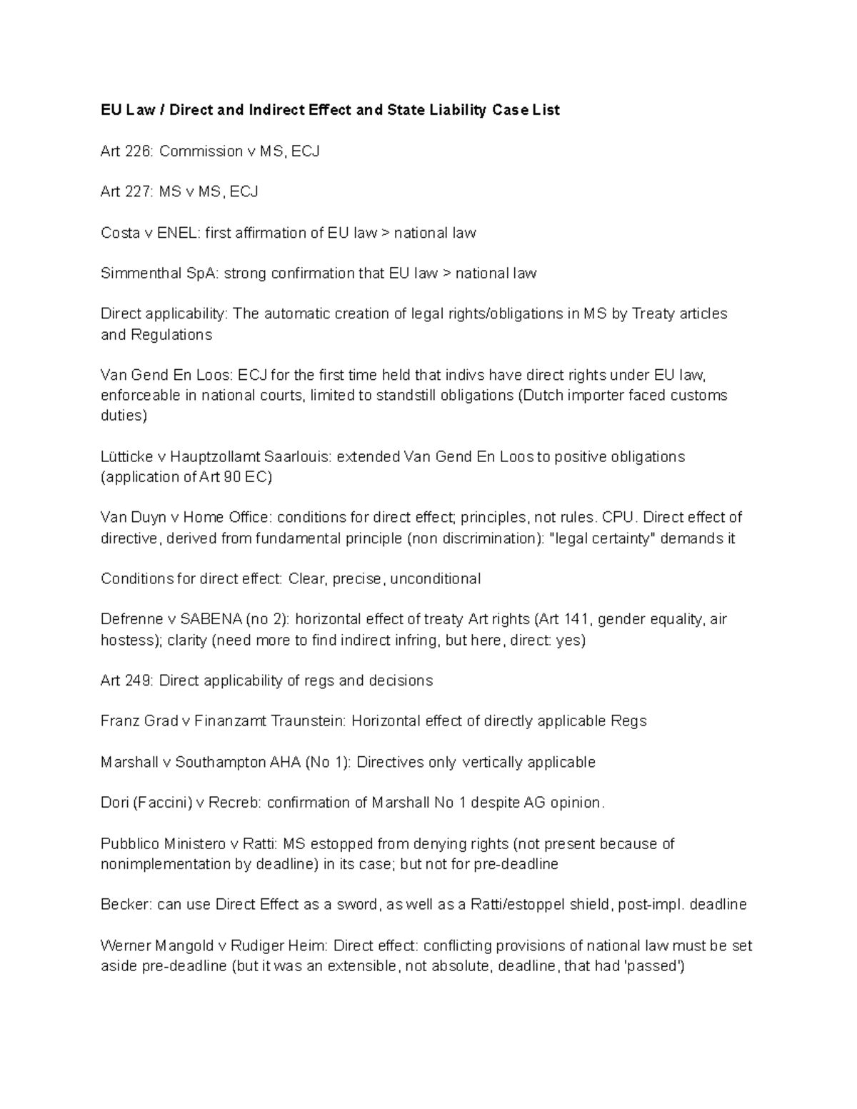 EU Law Direct and Indirect Effect and State Liability Case List - CPU ...