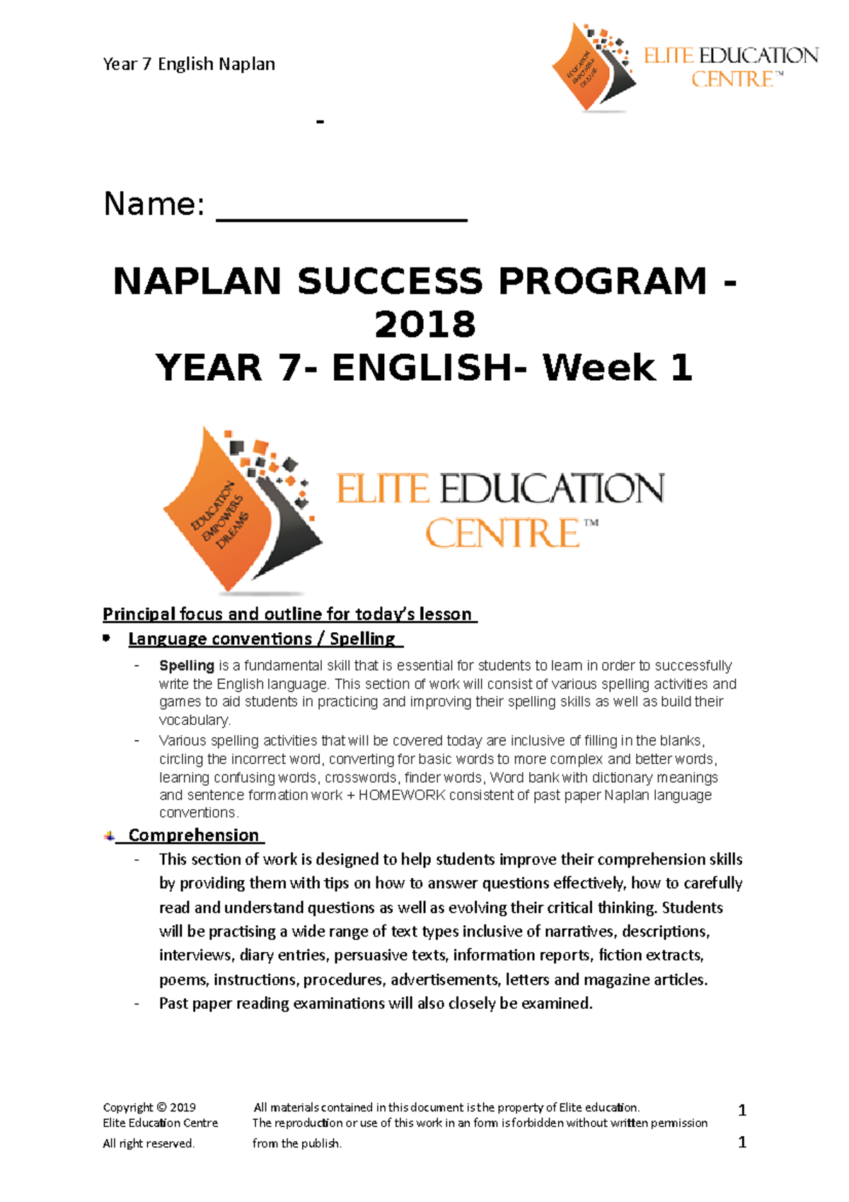Naplan booklet yr 7 2019 - Name: ________________ NAPLAN SUCCESS ...