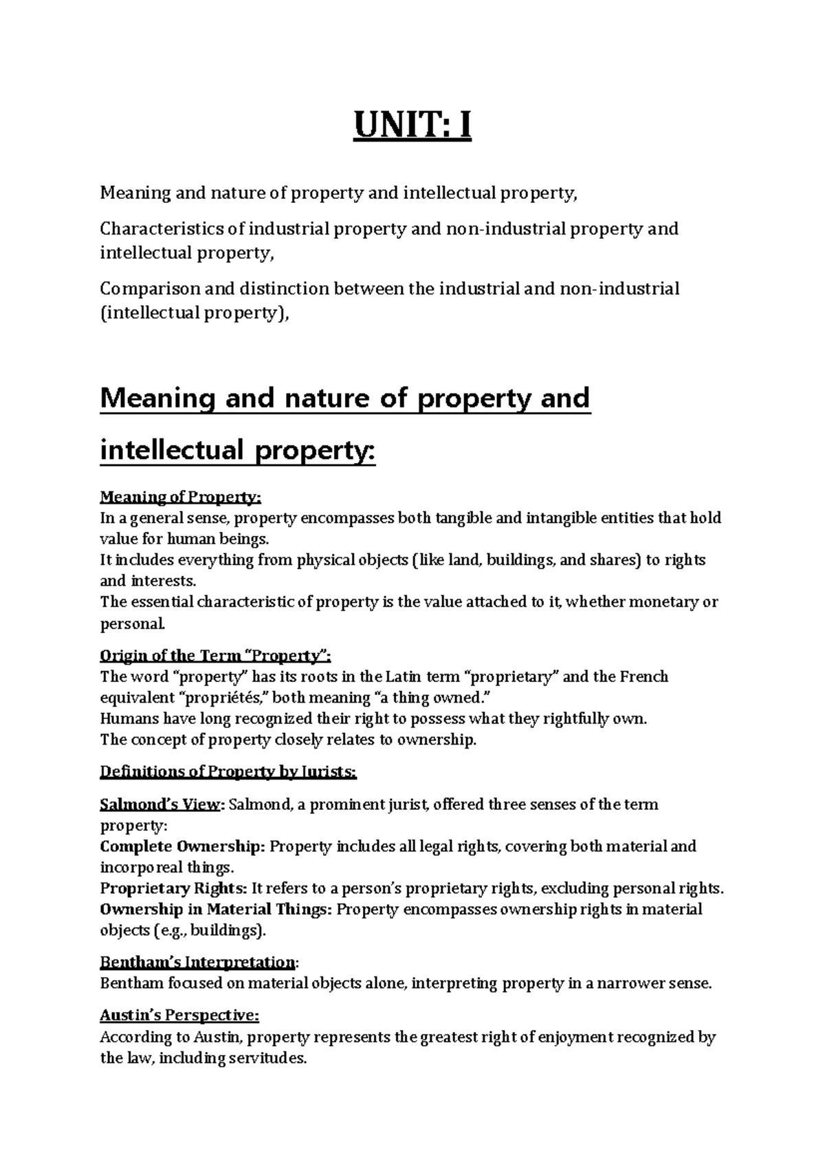 1st unit - UNIT: I ####### Meaning and nature of property and ...