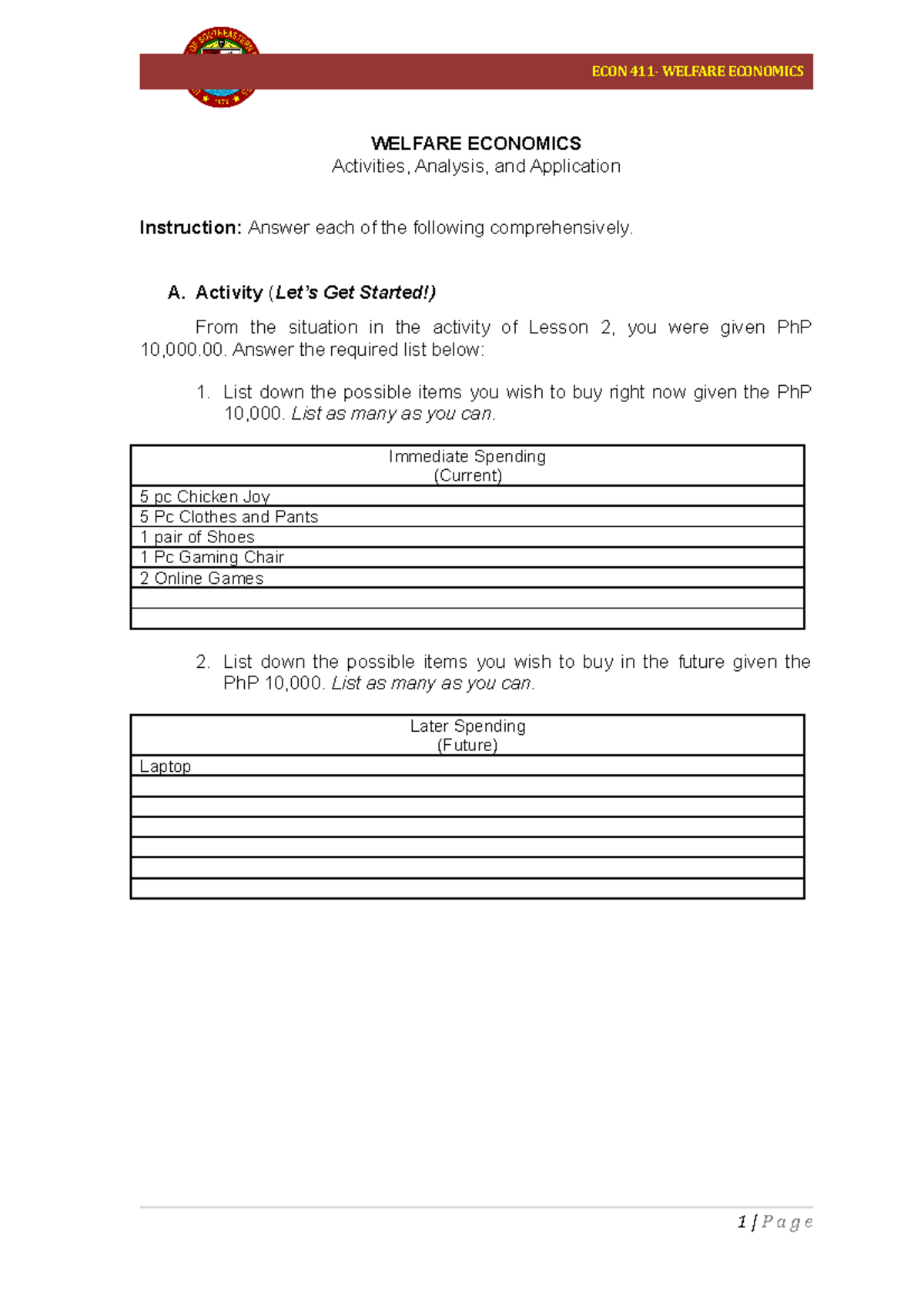 M1 WE lesson 3 Activities Analysis Application - ECON 411- WELFARE ...