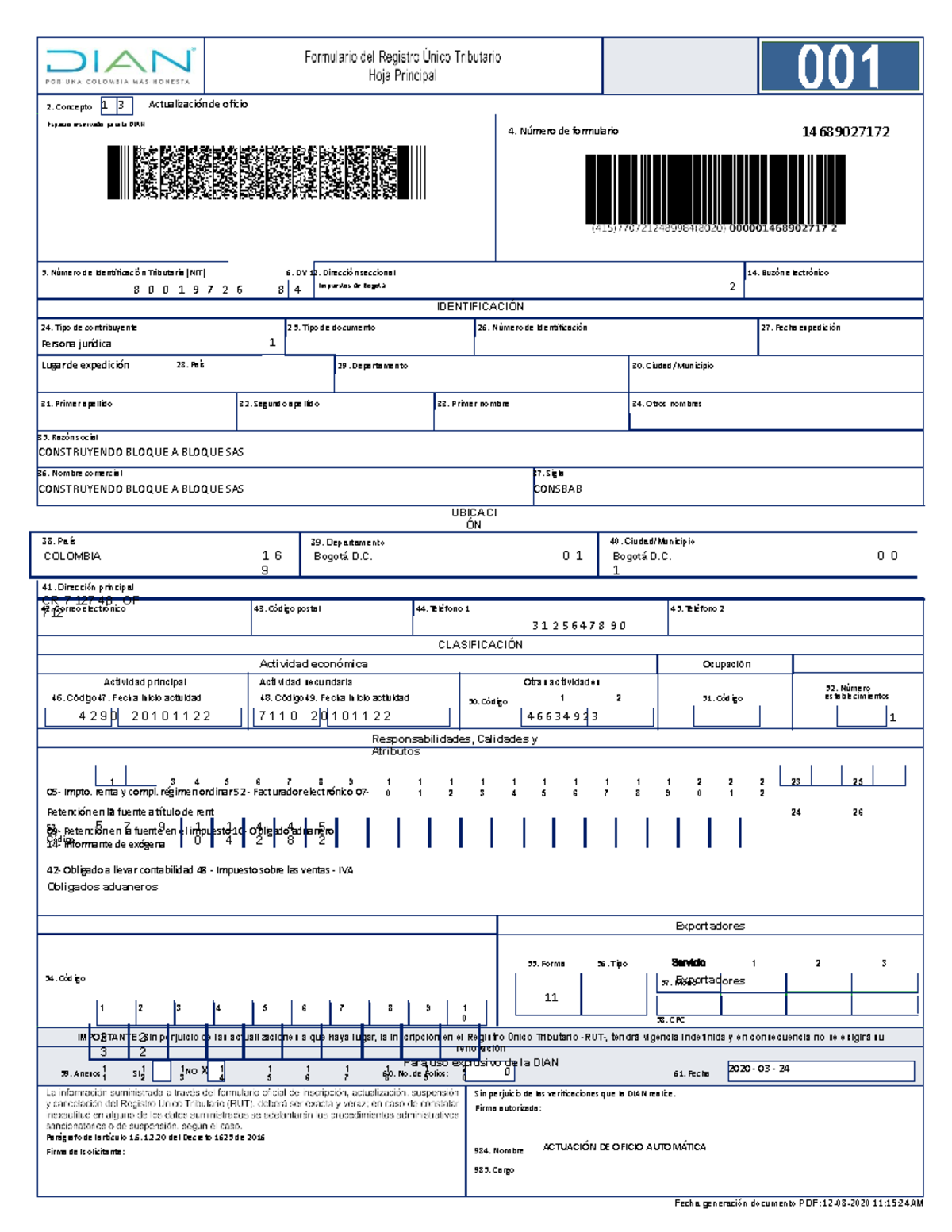 RUT 1 4 0 - Modelo transcrito 5 - 42. Correo electrónico 43. Código ...