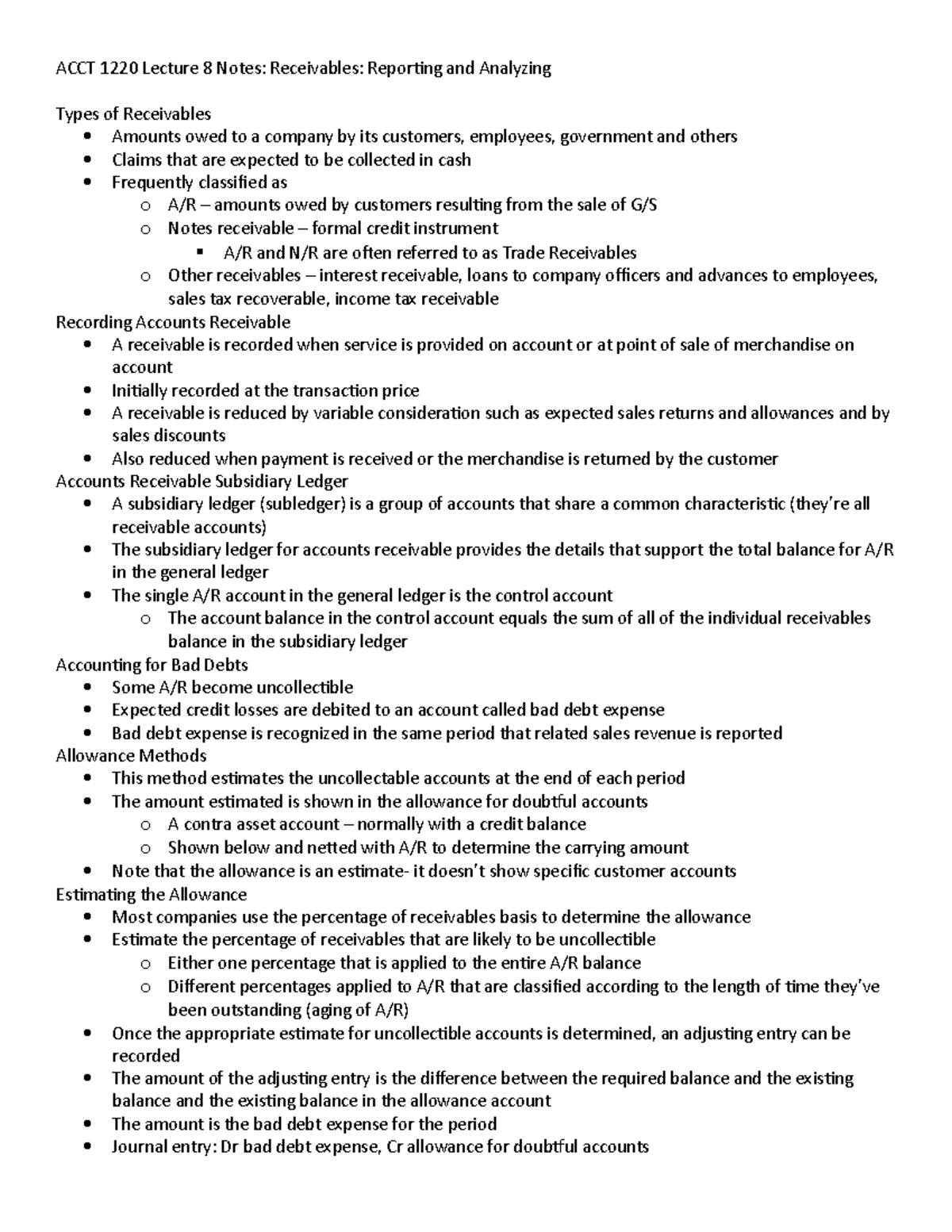 ACCT 1220 Lecture 8 Notes - ACCT 1220 Lecture 8 Notes: Receivables ...