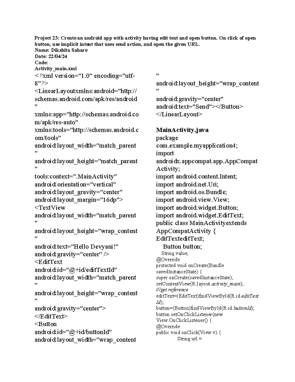 Program 23 Android Project 23 Create An Android App With Activity Having Edit Text And Open