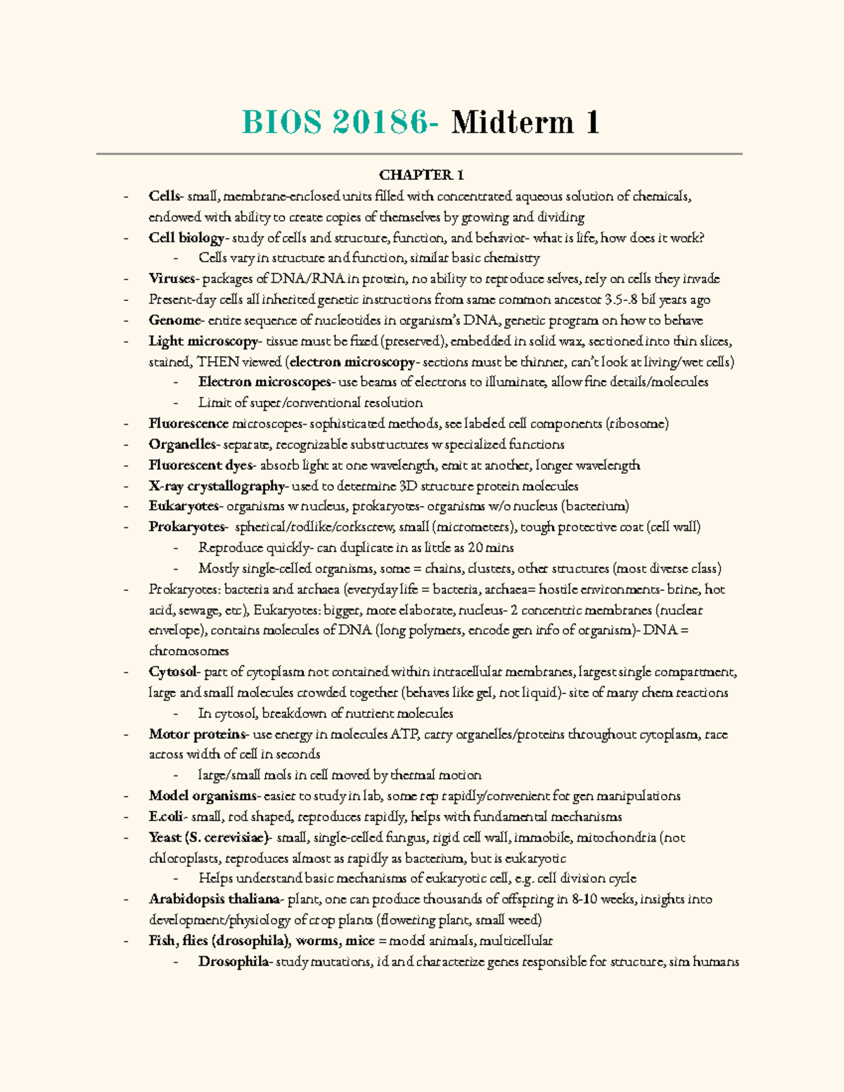 Bio midterm one terms - BIOS 20186- Midterm 1 CHAPTER 1 Cells- small ...