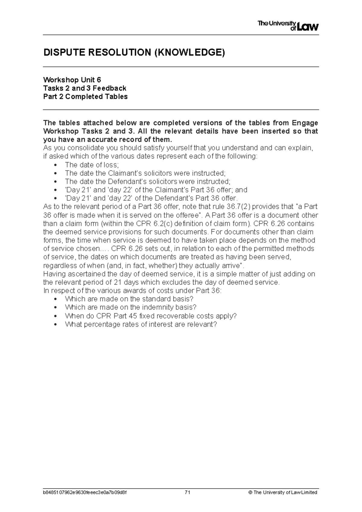 Dispute resolution workshop 6 task 2 and 3 - DISPUTE RESOLUTION (KNOWLEDGE) Workshop Unit 6 ...