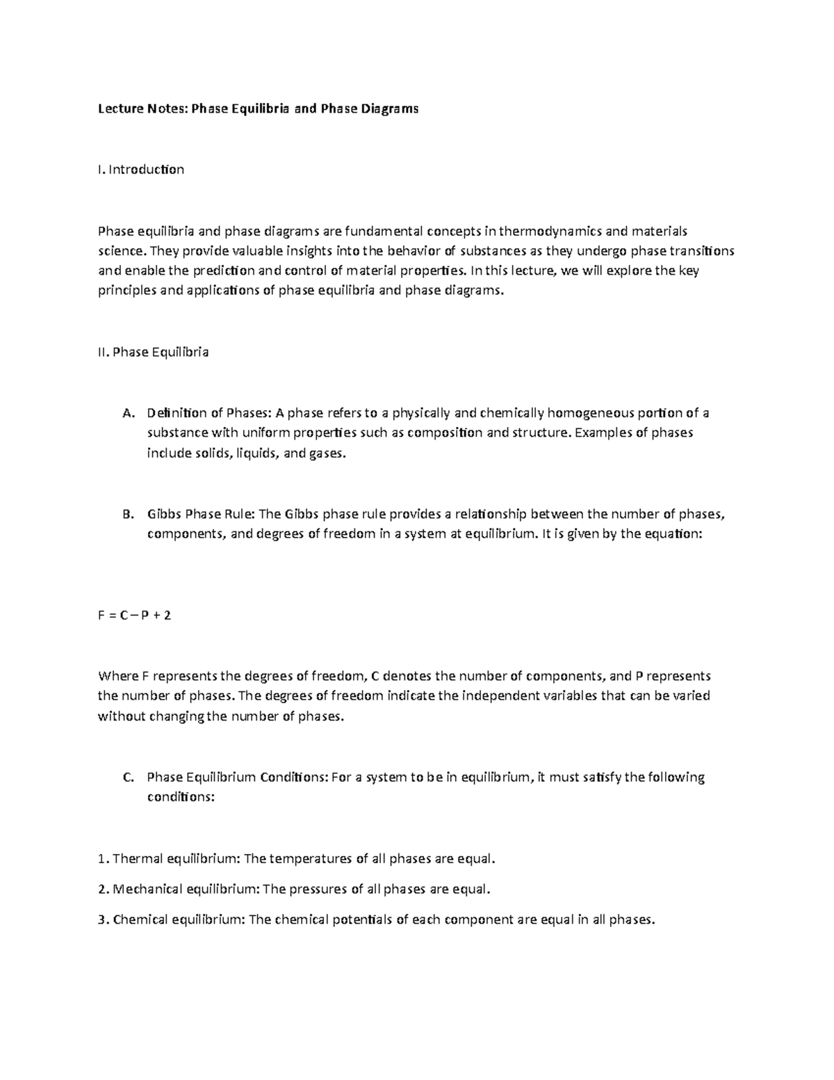 Lecture Notes: Phase Equilibria and Phase Diagrams - Introduction Phase ...