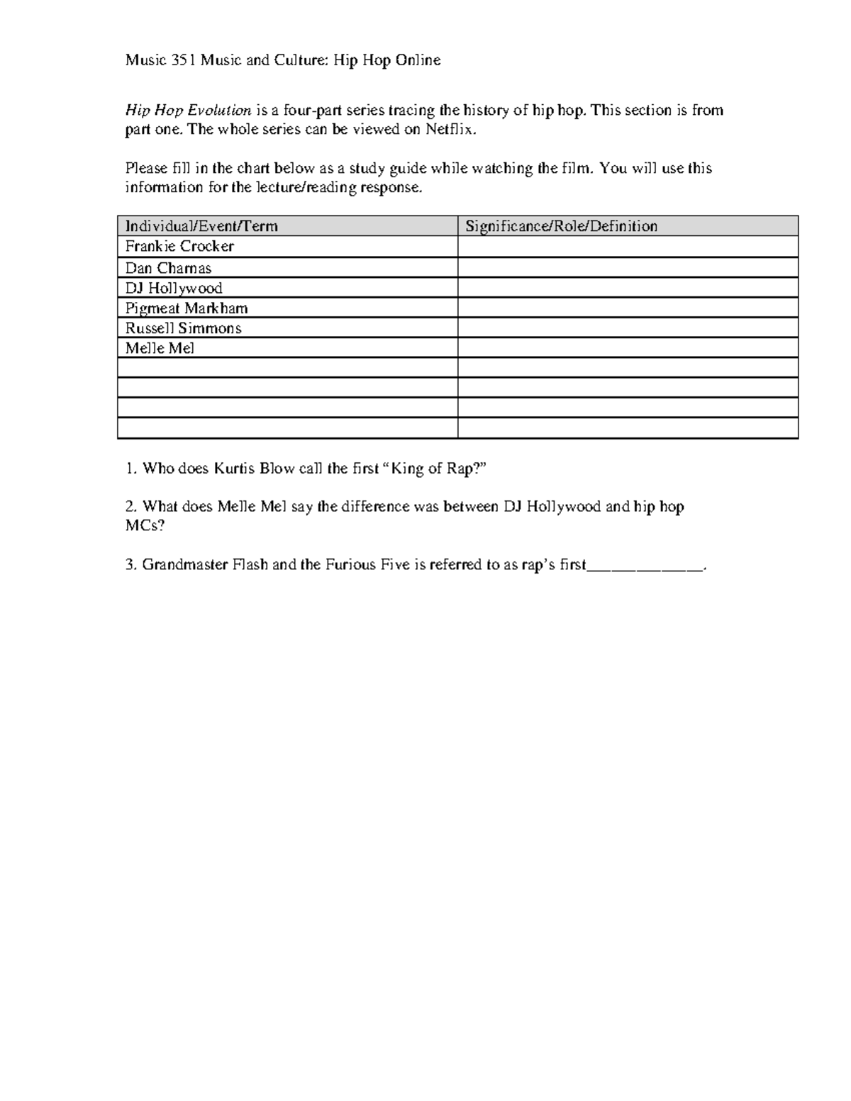 Watching Guide Hip Hop Evolution pt - MUSIC351 - SDSU - Studocu