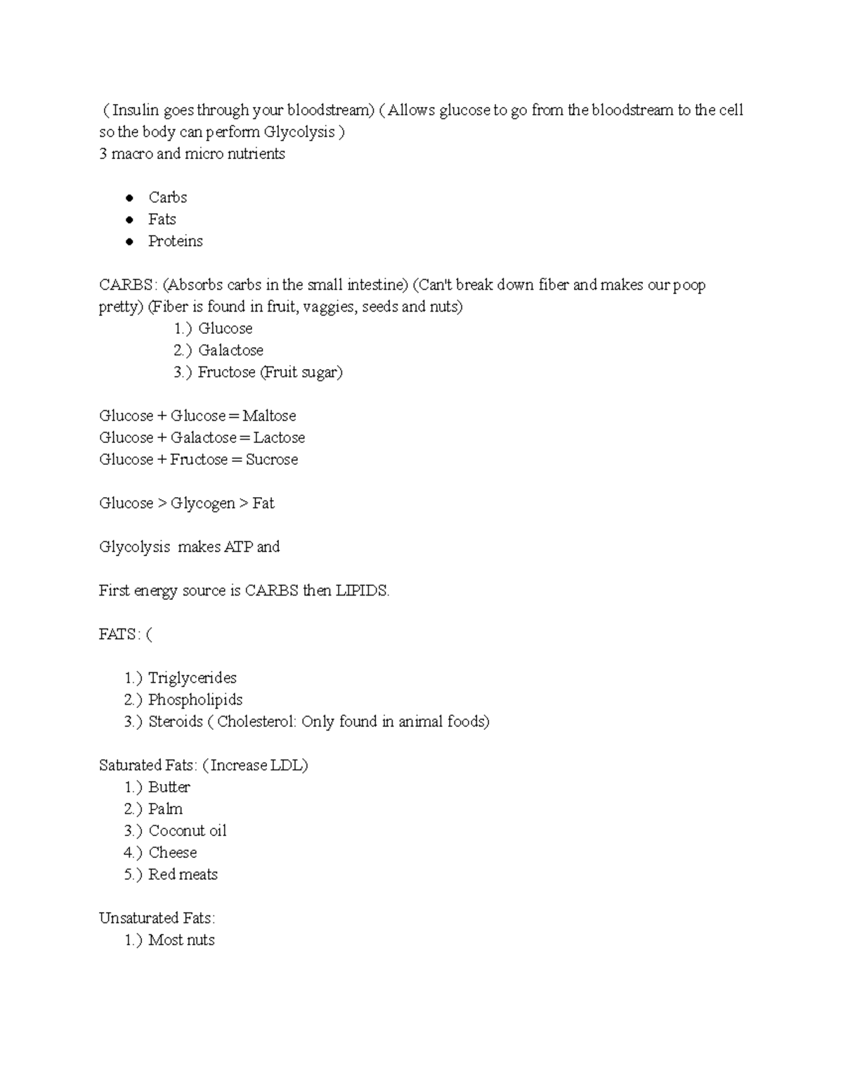 Test one notes - ( Insulin goes through your bloodstream) ( Allows ...