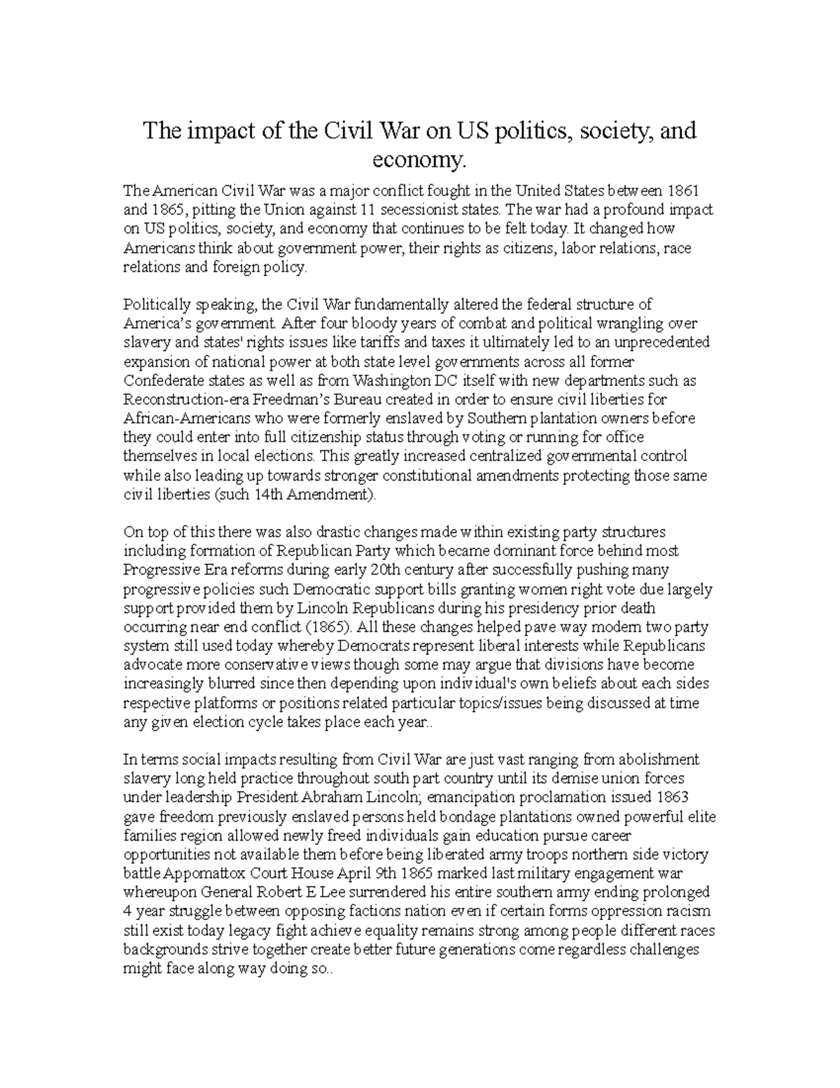 The impact of the Civil War on US politics, society, and economy. - The ...
