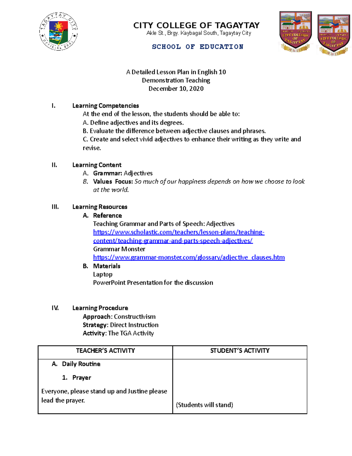 A Detailed Lesson Plan in English 10 - Akle St., Brgy. Kaybagal South ...