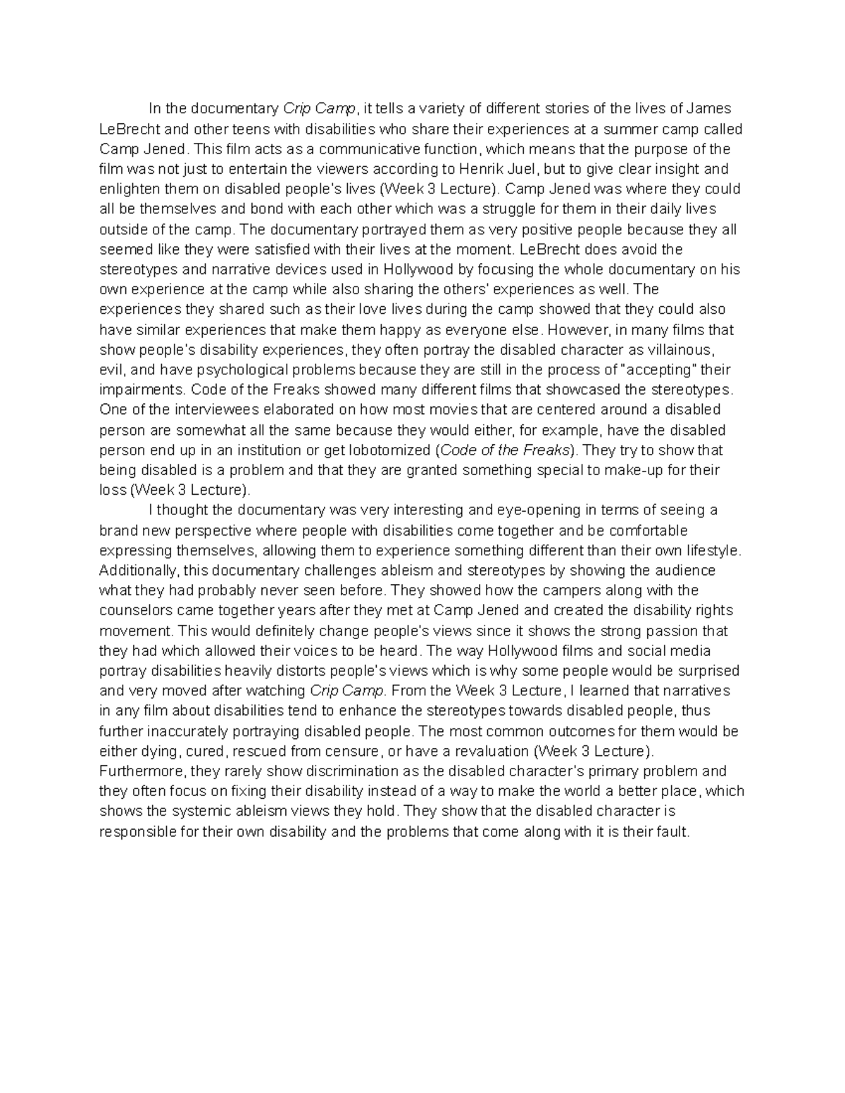 Dhd 102 - journal entry #2 week 3 - In the documentary Crip Camp, it ...