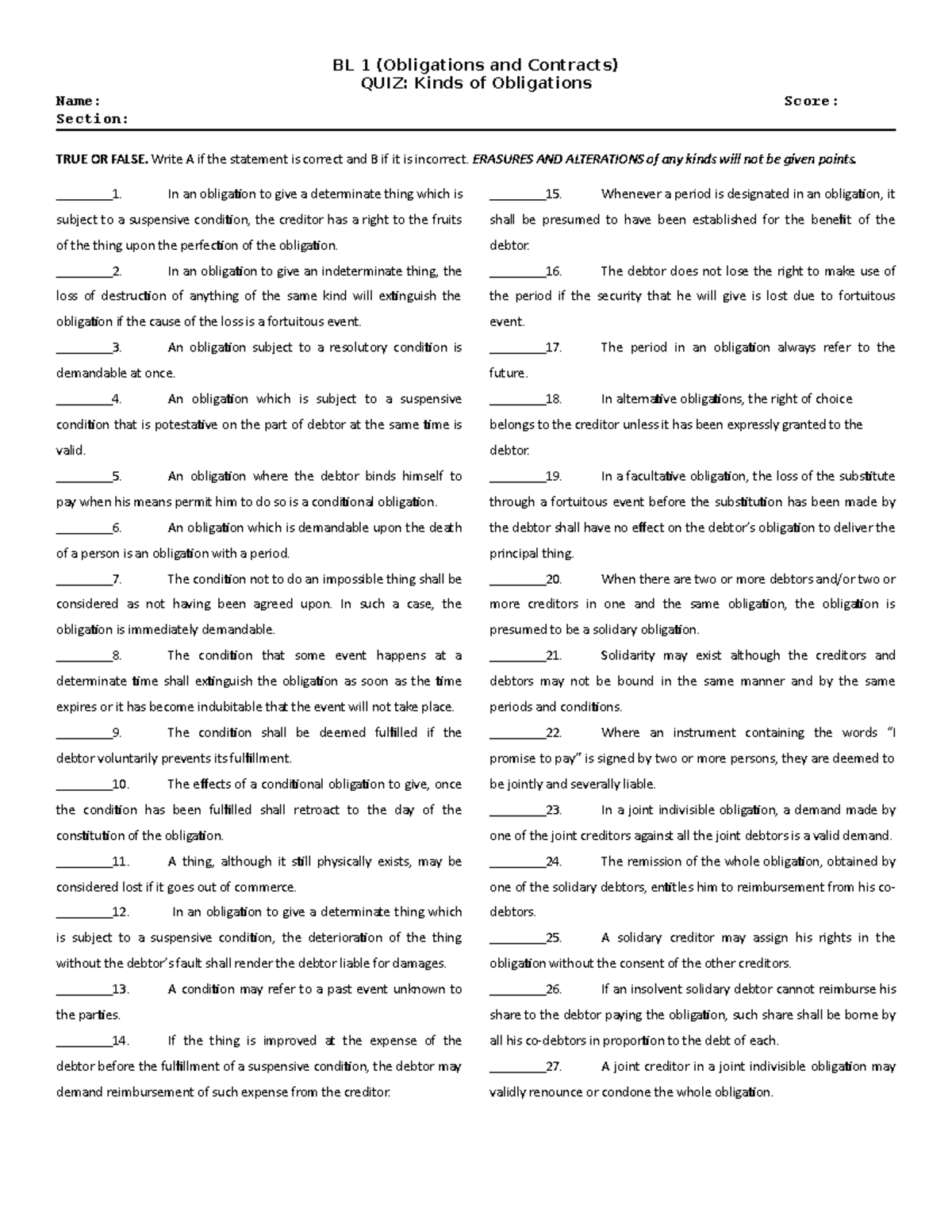 Quiz (Kinds of Obligation) - BL 1 (Obligations and Contracts) QUIZ: Kinds of Obligations Name ...