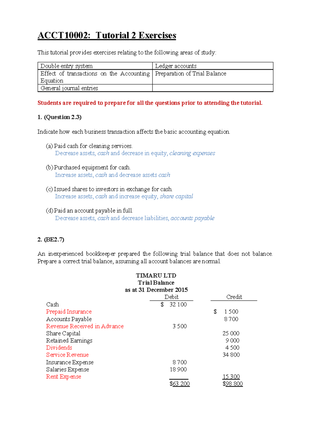 ACCT10002 Tut 2 - tutorial 2 questions - ACCT10002: Tutorial 2 Exercises This tutorial provides ...