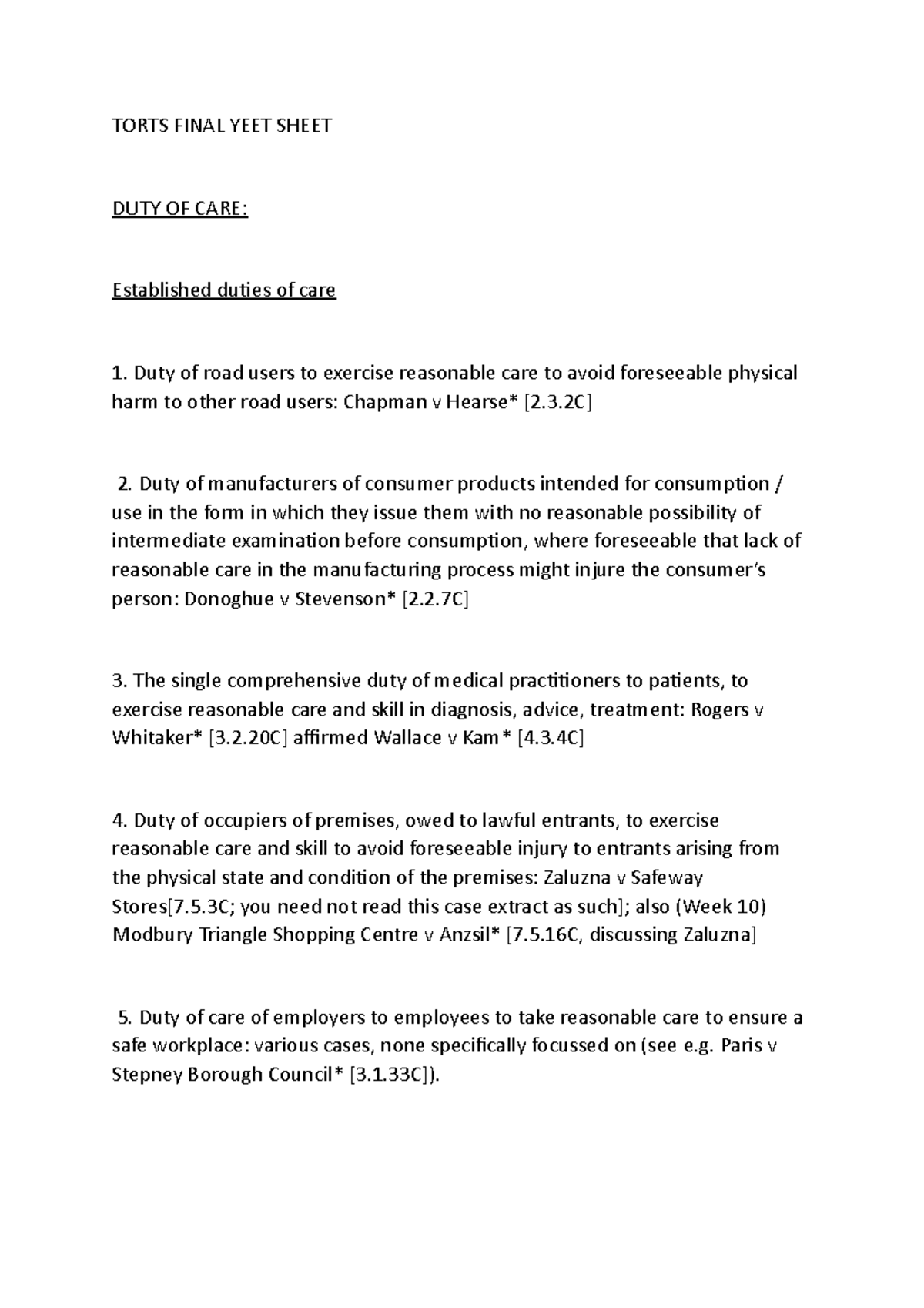 Torts Final YEET Sheet - TORTS FINAL YEET SHEET DUTY OF CARE ...