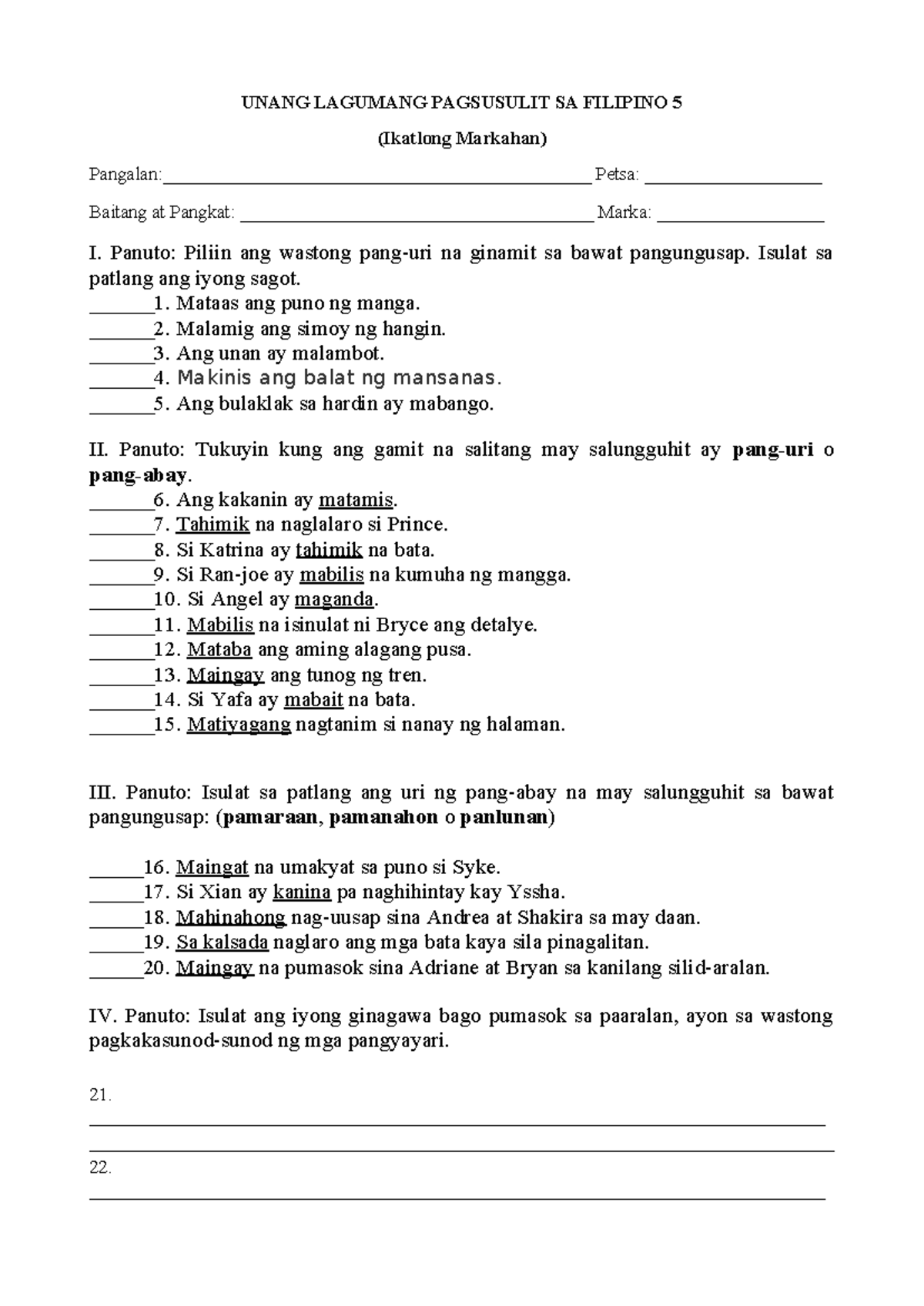 Q3 GR.5- Filipino ST#1 - UNANG LAGUMANG PAGSUSULIT SA FILIPINO 5 ...
